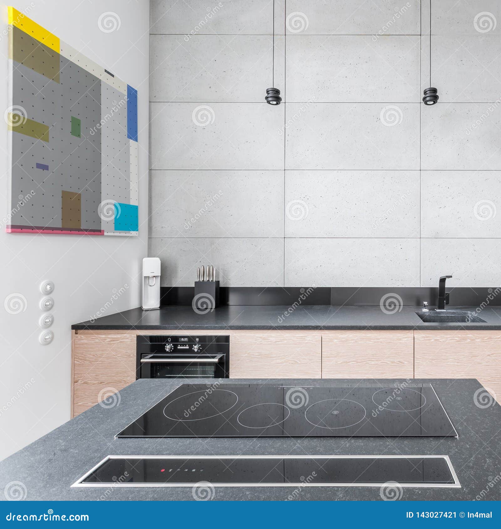 Modern Kitchen with Granite Worktop Stock Image - Image of home, light ...
