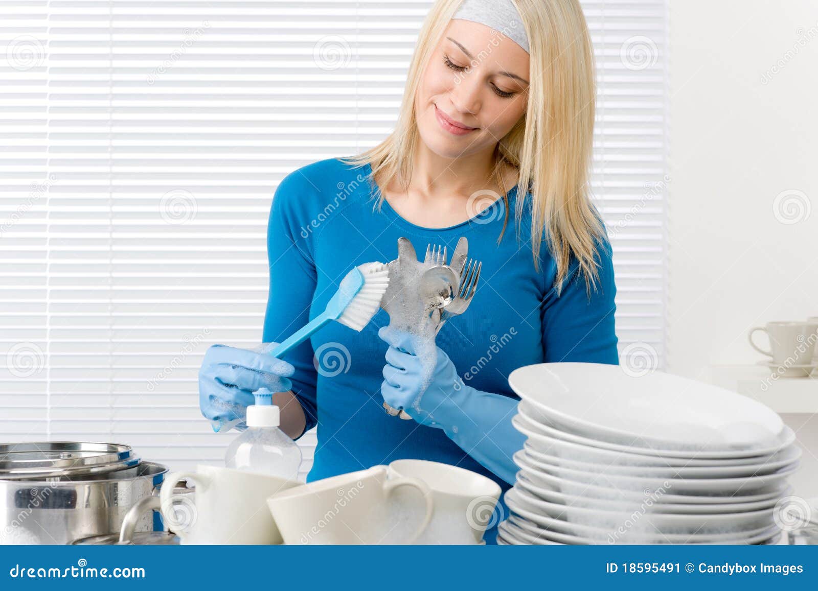 Modern Kitchen - Happy Woman Washing Dishes Stock Image - Image of ...