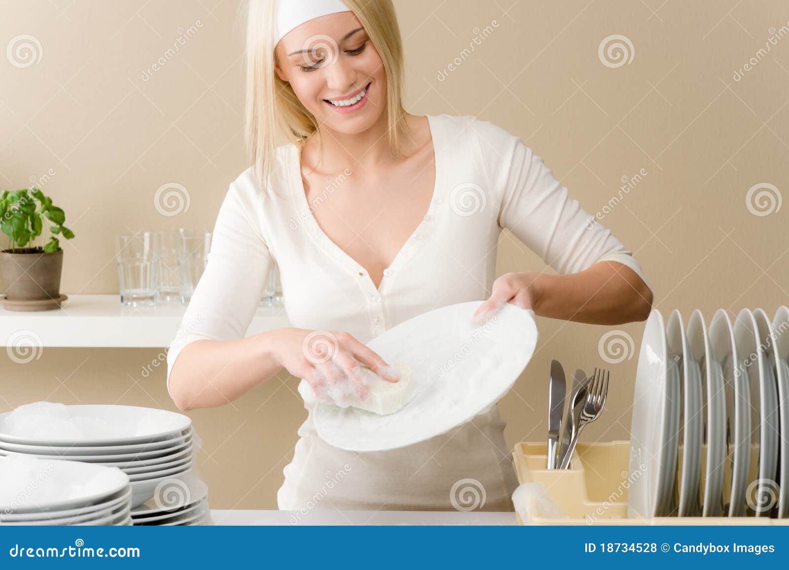 Modern Kitchen - Happy Woman Washing Dishes Stock Photo - Image of ...