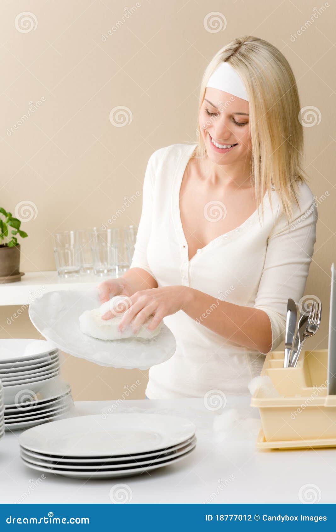 Modern Kitchen - Happy Woman Washing Dishes Stock Photo - Image of ...