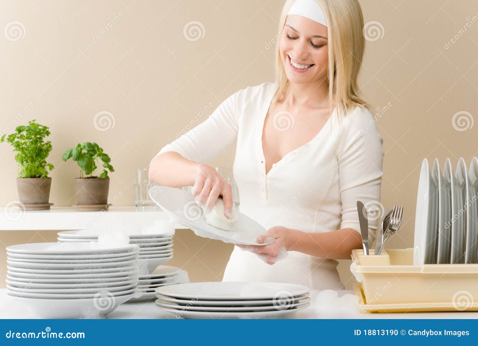 Modern Kitchen - Happy Woman Washing Dishes Stock Photo - Image of ...