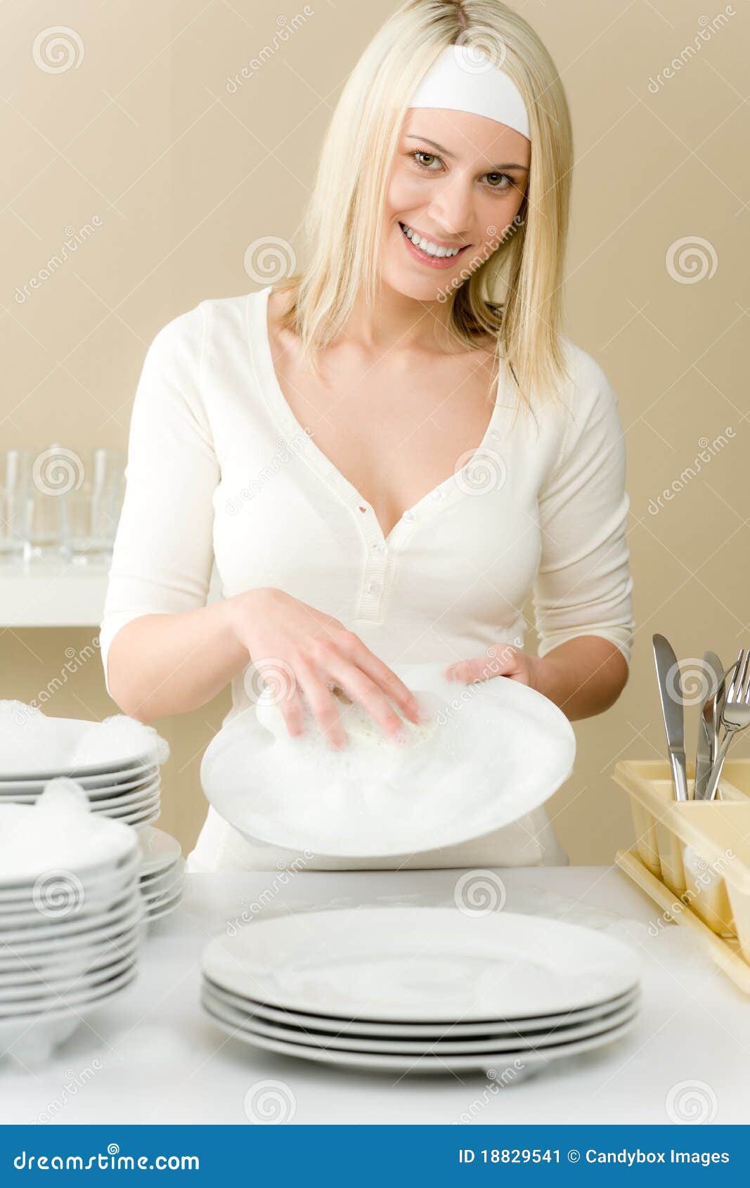 Modern Kitchen - Happy Woman Washing Dishes Stock Image - Image of ...