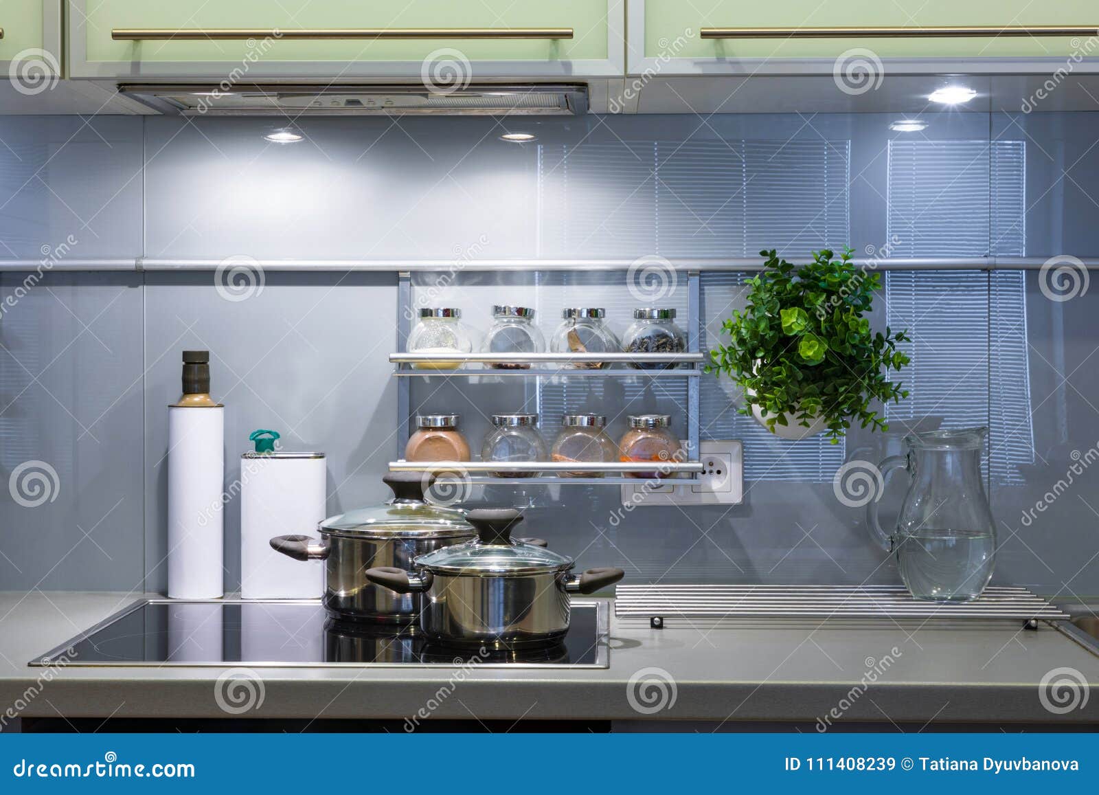 Modern Kitchen at Home with Kitchenware Stock Image - Image of metallic ...