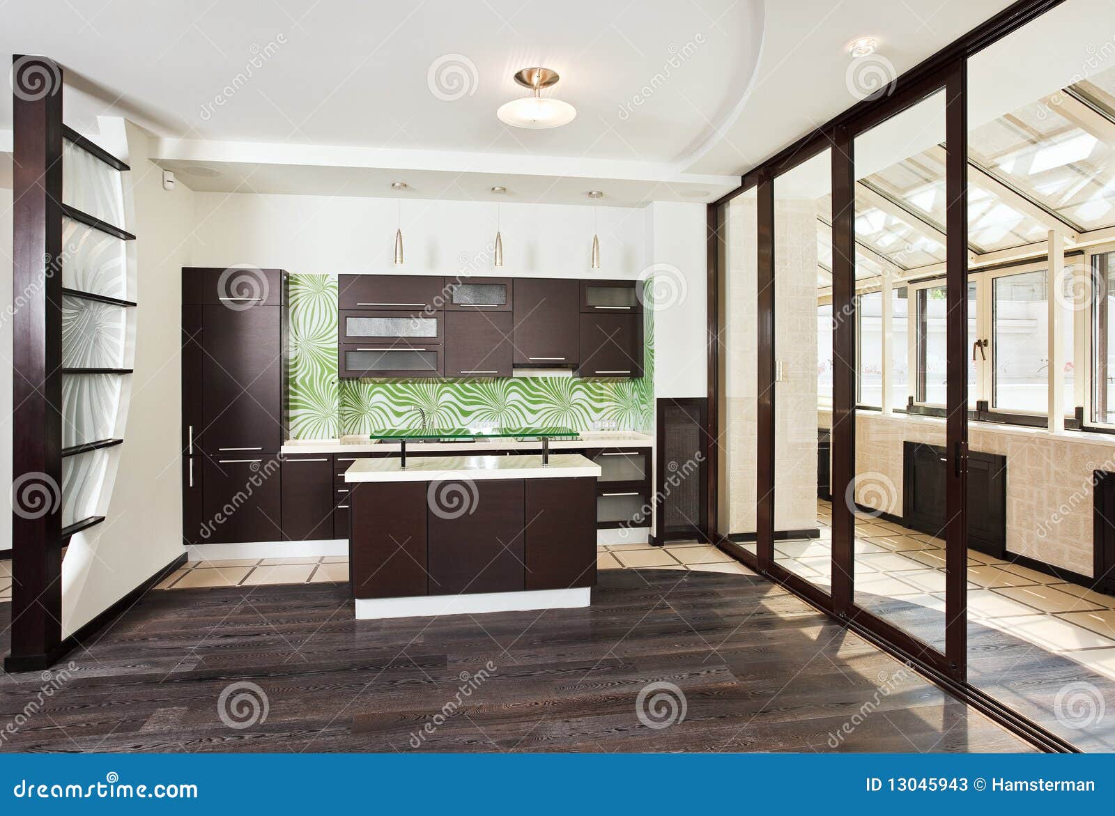 Modern Kitchen Interior with Balcony Stock Image - Image of dresser ...