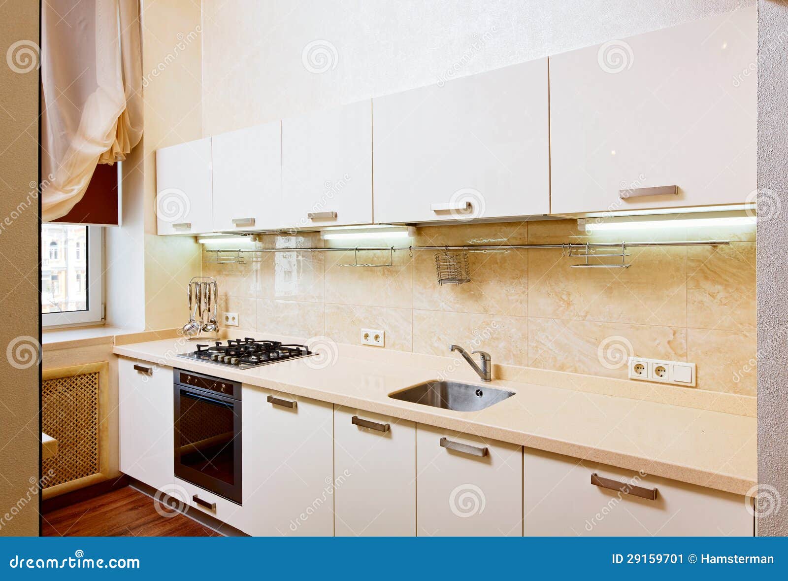 Modern Kitchen Interior in Beige Stock Image - Image of clean ...