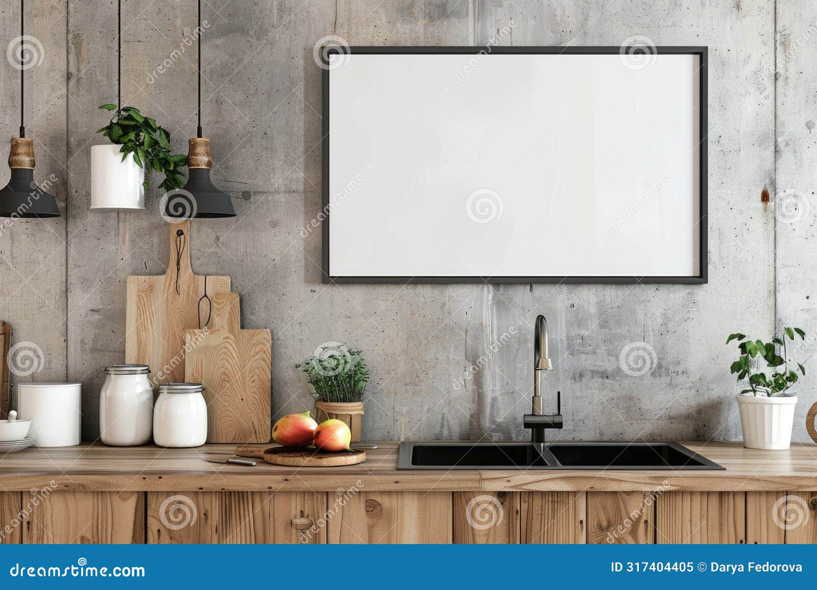 Modern Kitchen Interior with Blank Frame on Wall for Design Mockup ...