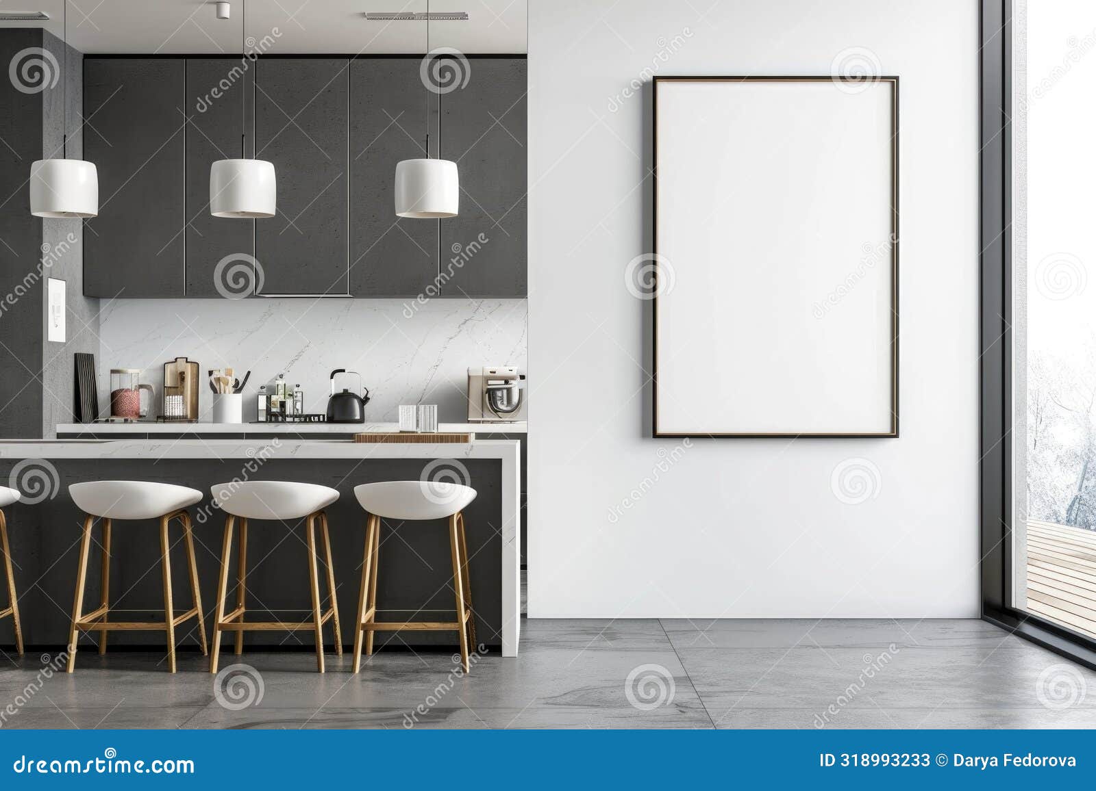 Modern Kitchen Interior with Blank Frame on Wall for Design Mockup ...