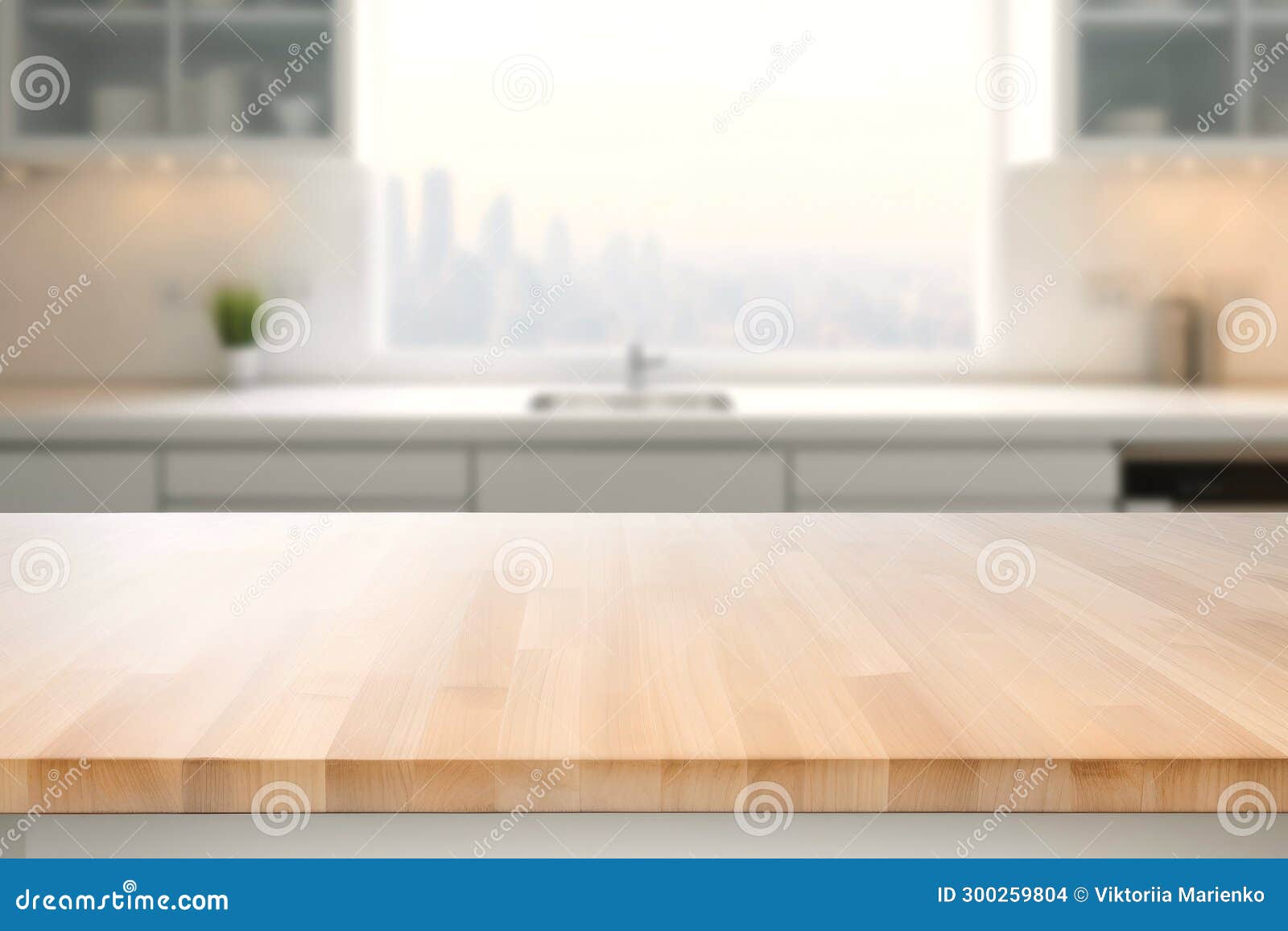 Modern Kitchen Interior with a Blank Wooden Counter Stock Illustration ...
