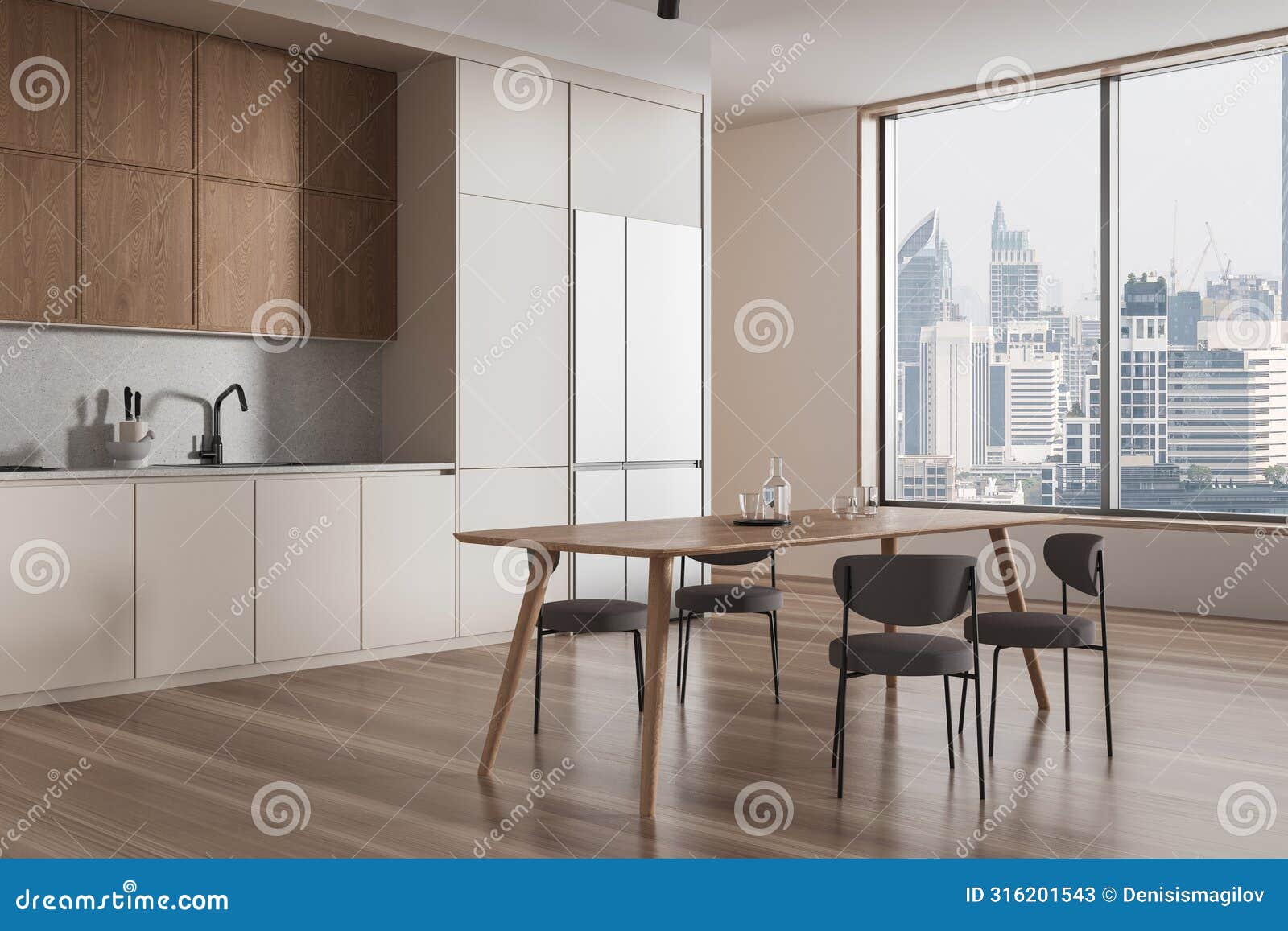 Kitchen Interior with Clean Design, Wooden Elements, and Urban View ...
