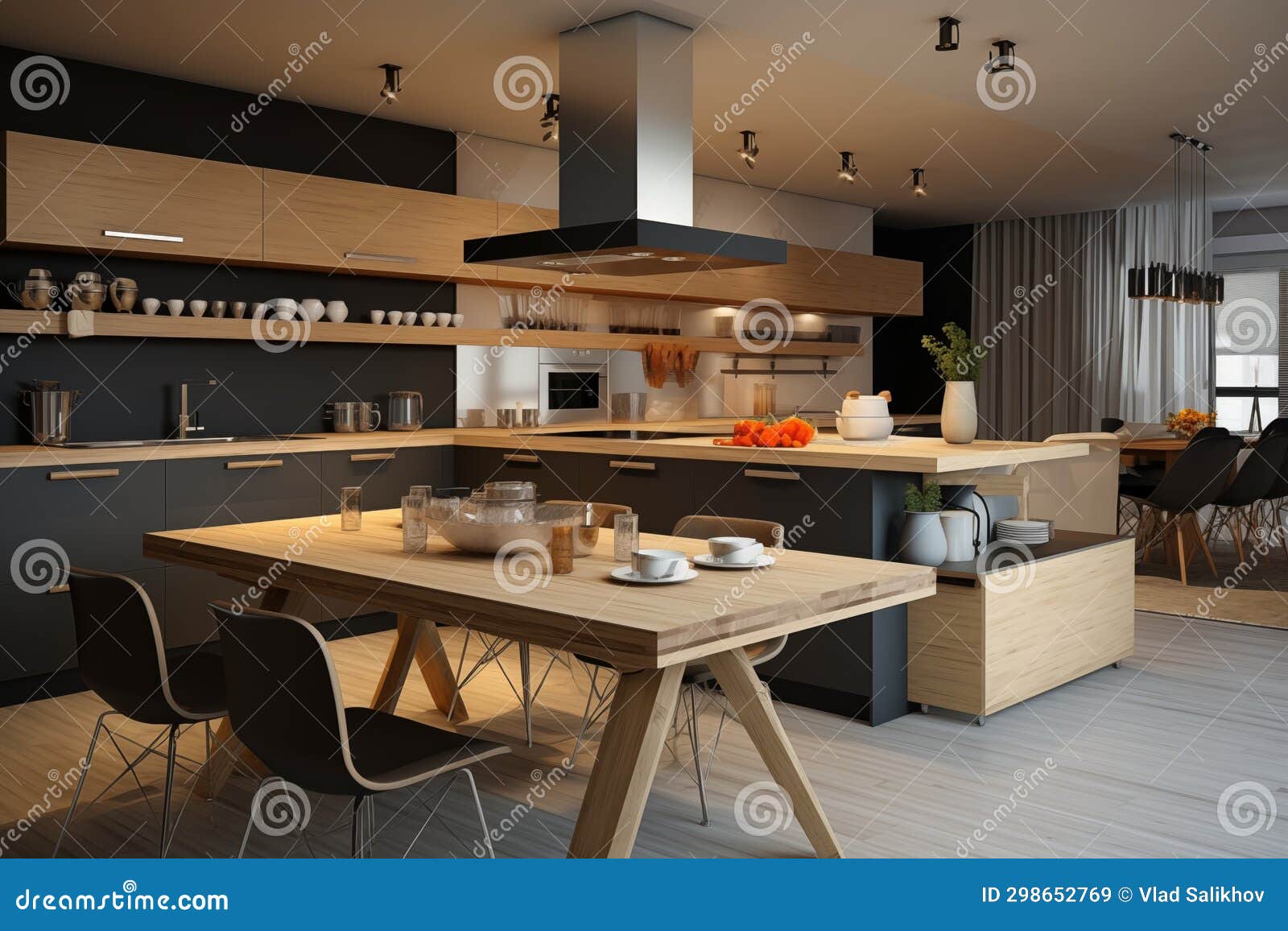 Modern Kitchen Interior Combined with Kitchen-dining Room Stock Image ...