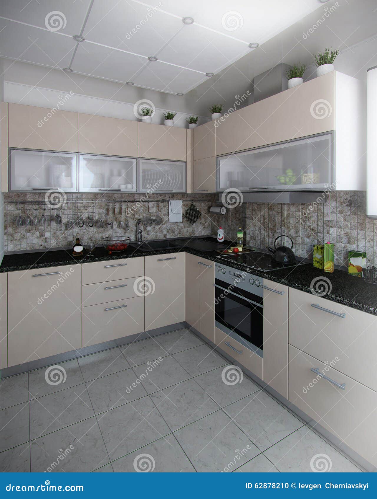 Modern Kitchen Interior Conservative Tones, 3D Render Stock Photo ...