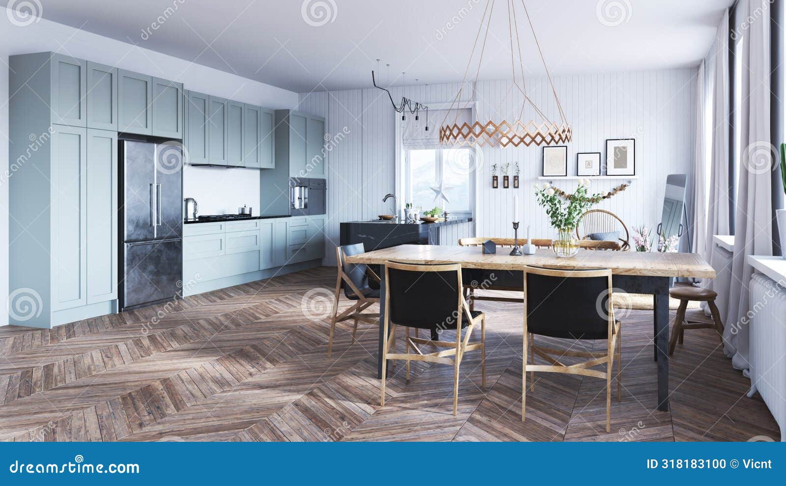 Modern Kitchen Interior Design with Dining Table. Stock Illustration ...