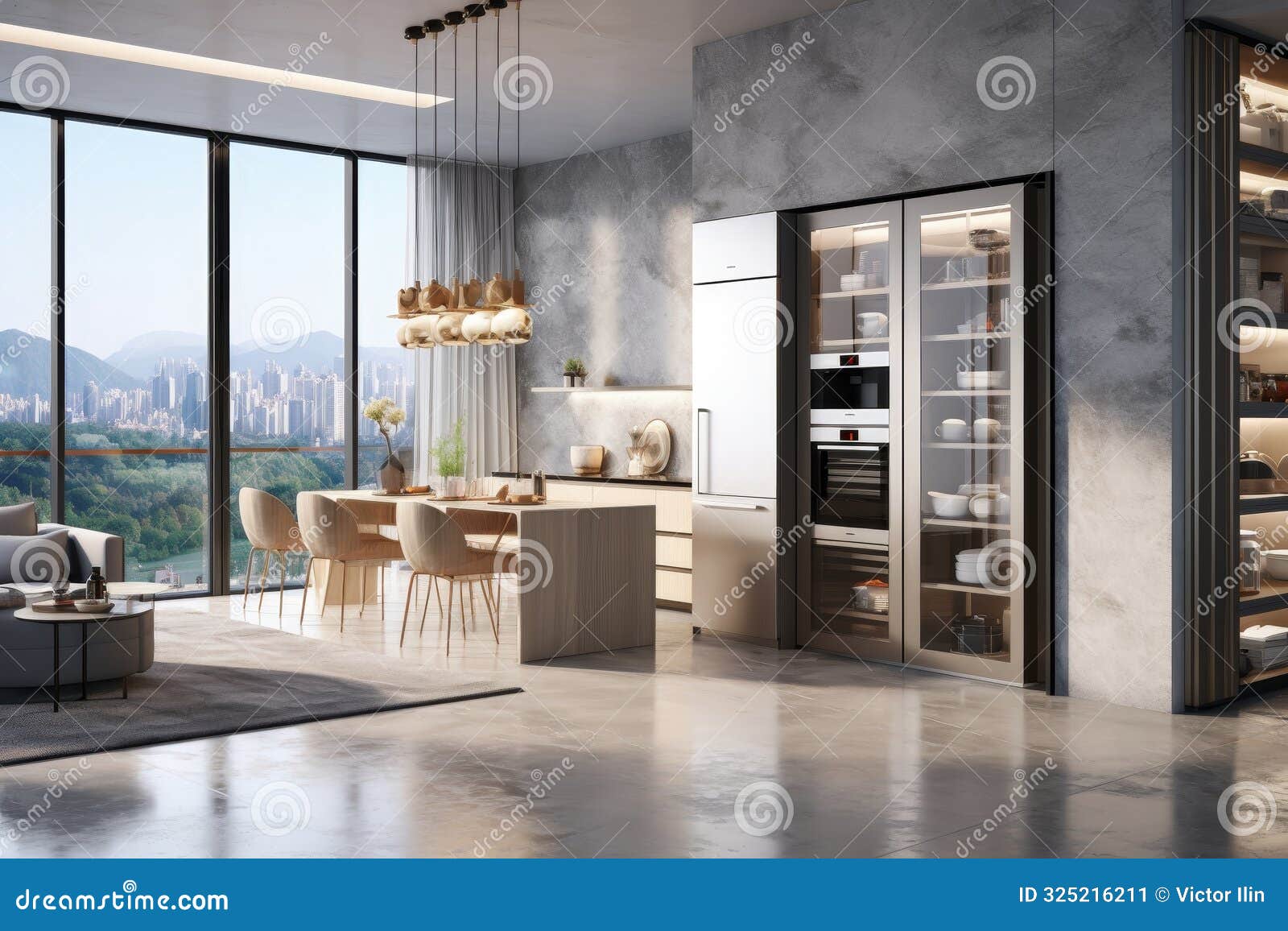 Modern Kitchen Interior Design with Minimalist Style and Cityscape View ...