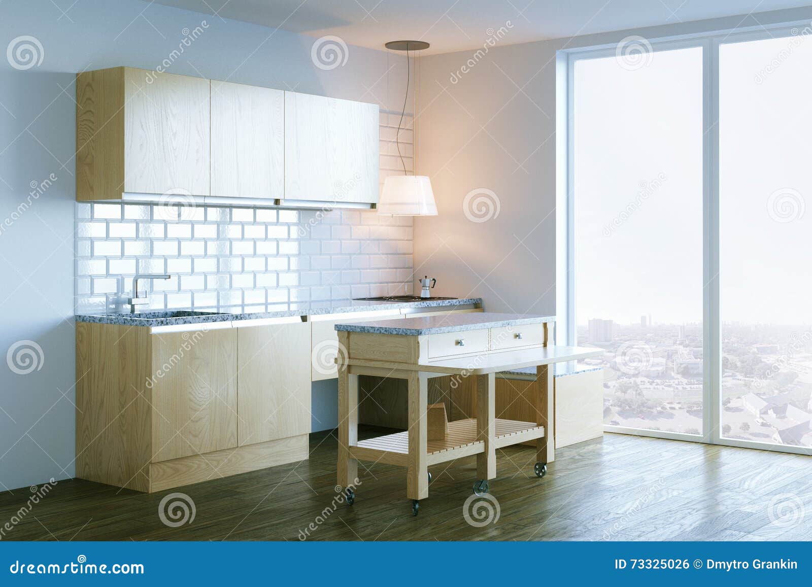 Modern Kitchen Interior Design with Panoramic Window 3d Render Stock ...