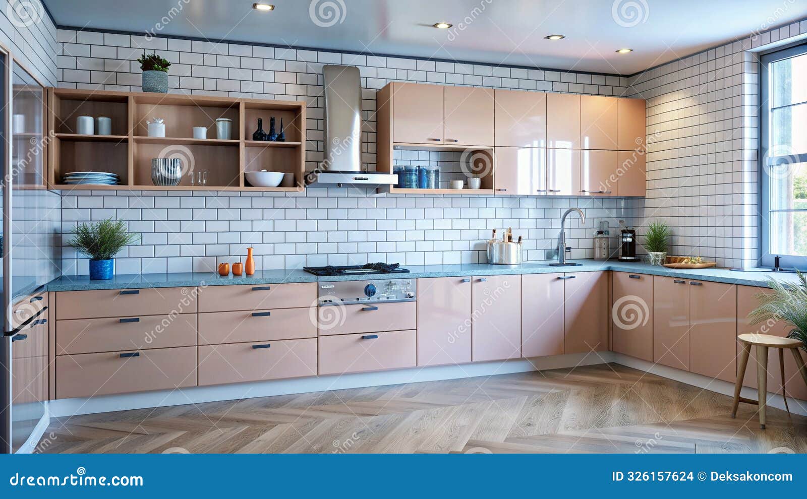 Modern Kitchen Interior Design Peach Colored Cabinets and White Tiles ...