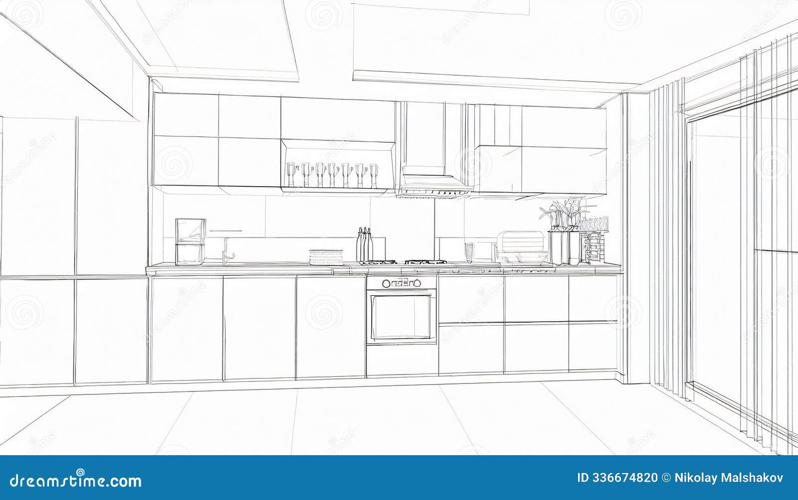 Modern Kitchen Interior Design Sketch with Kitchenware Displayed on ...
