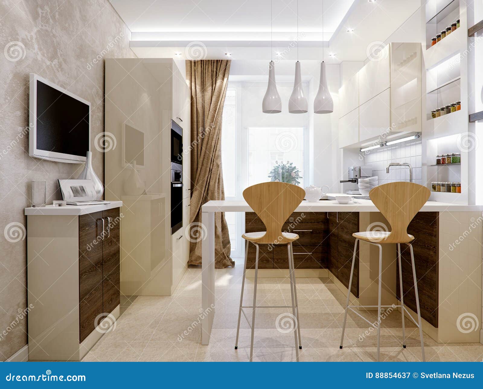 Modern Kitchen Interior Design with White and Wooden Facades Stock ...