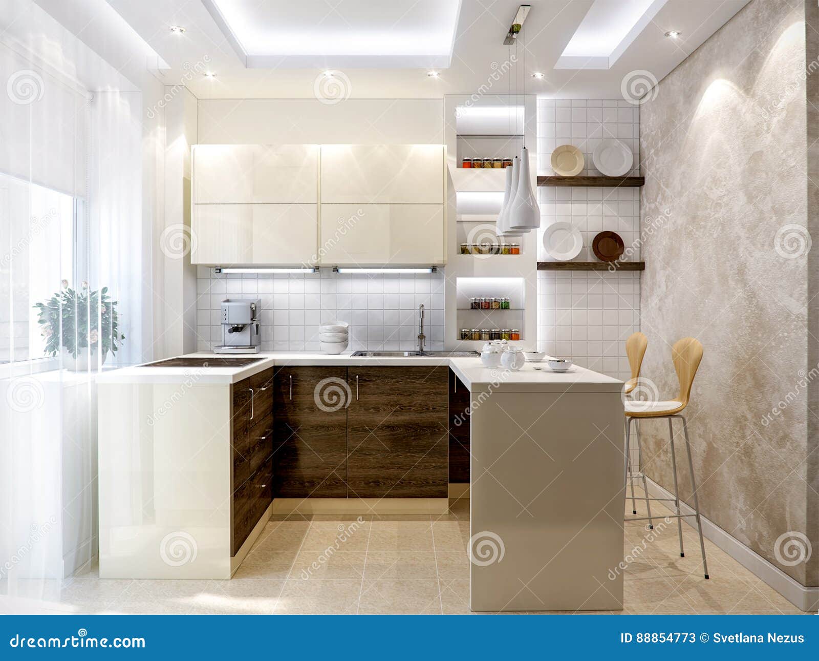 Modern Kitchen Interior Design with White and Wooden Facades Stock ...