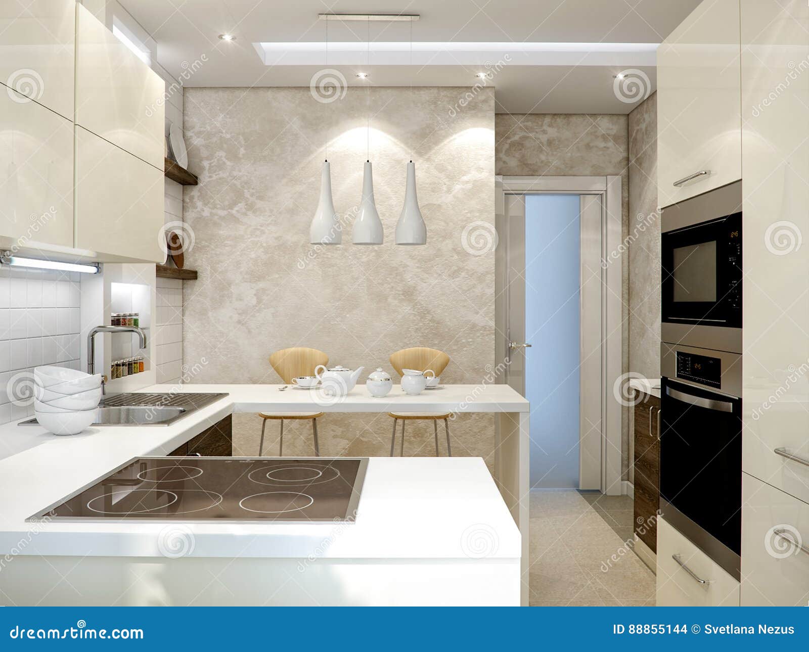 Modern Kitchen Interior Design with White and Wooden Facades Stock ...