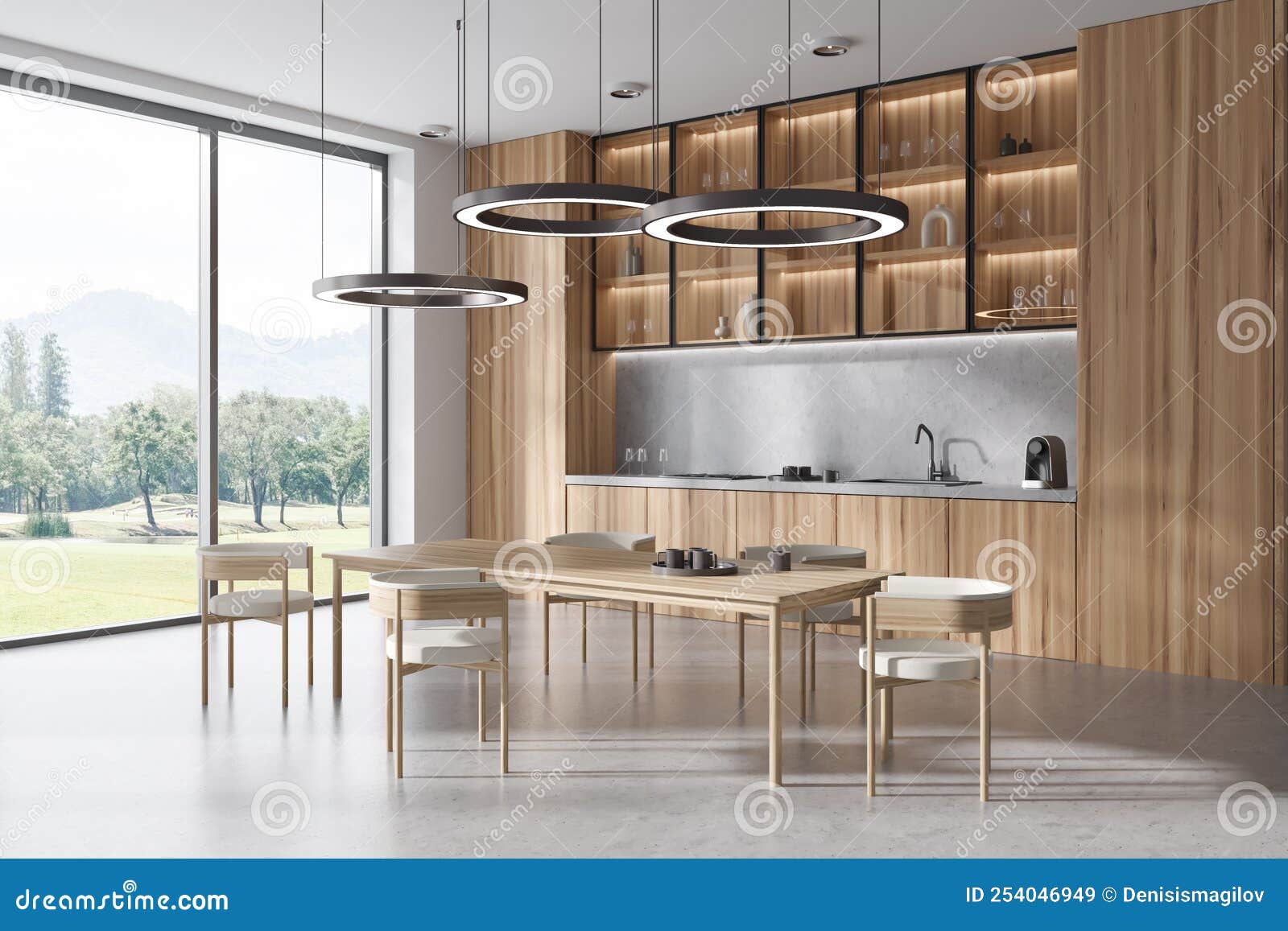 Modern Kitchen Interior with Dining Table and Cooking Zone, Panoramic ...