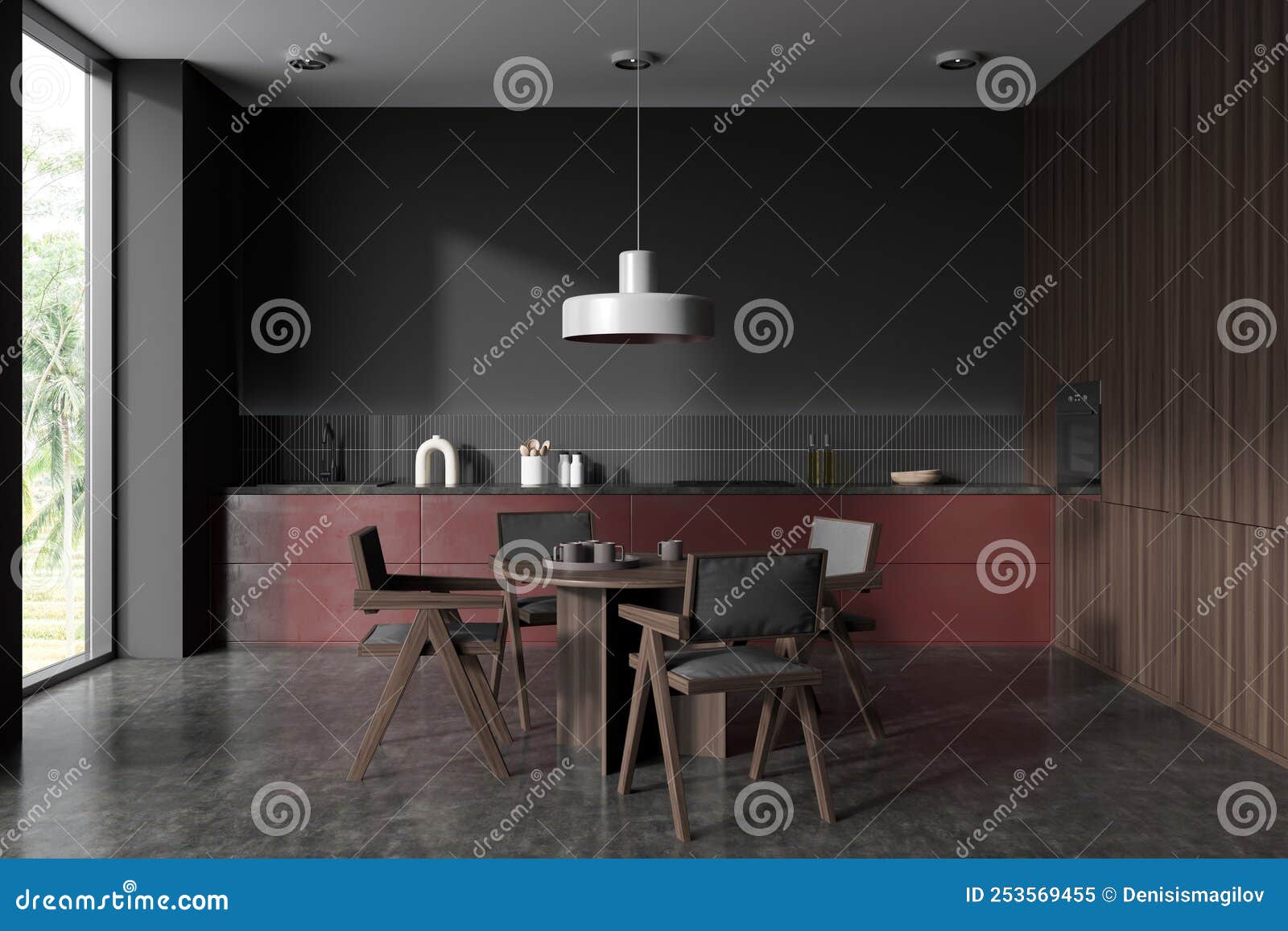 Modern Kitchen Interior with Eating Table and Seats, Panoramic Window ...