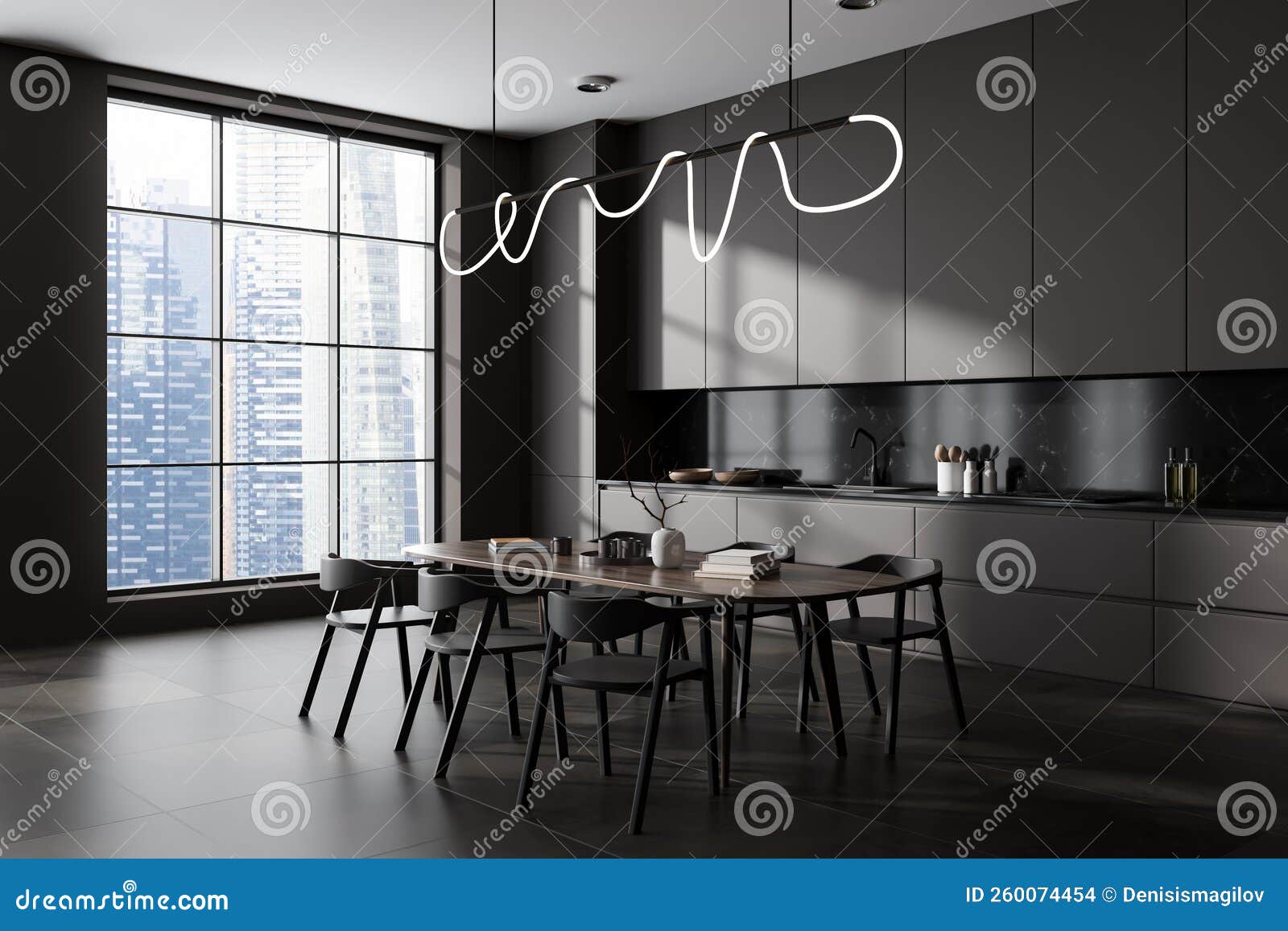 Modern Kitchen Interior with Eating Table and Seats on Tile Concrete ...