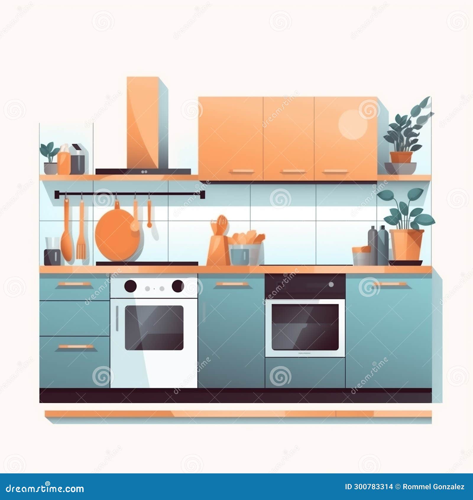 Kitchen Interior Design in Modern Style, 2d Rendering Stock ...