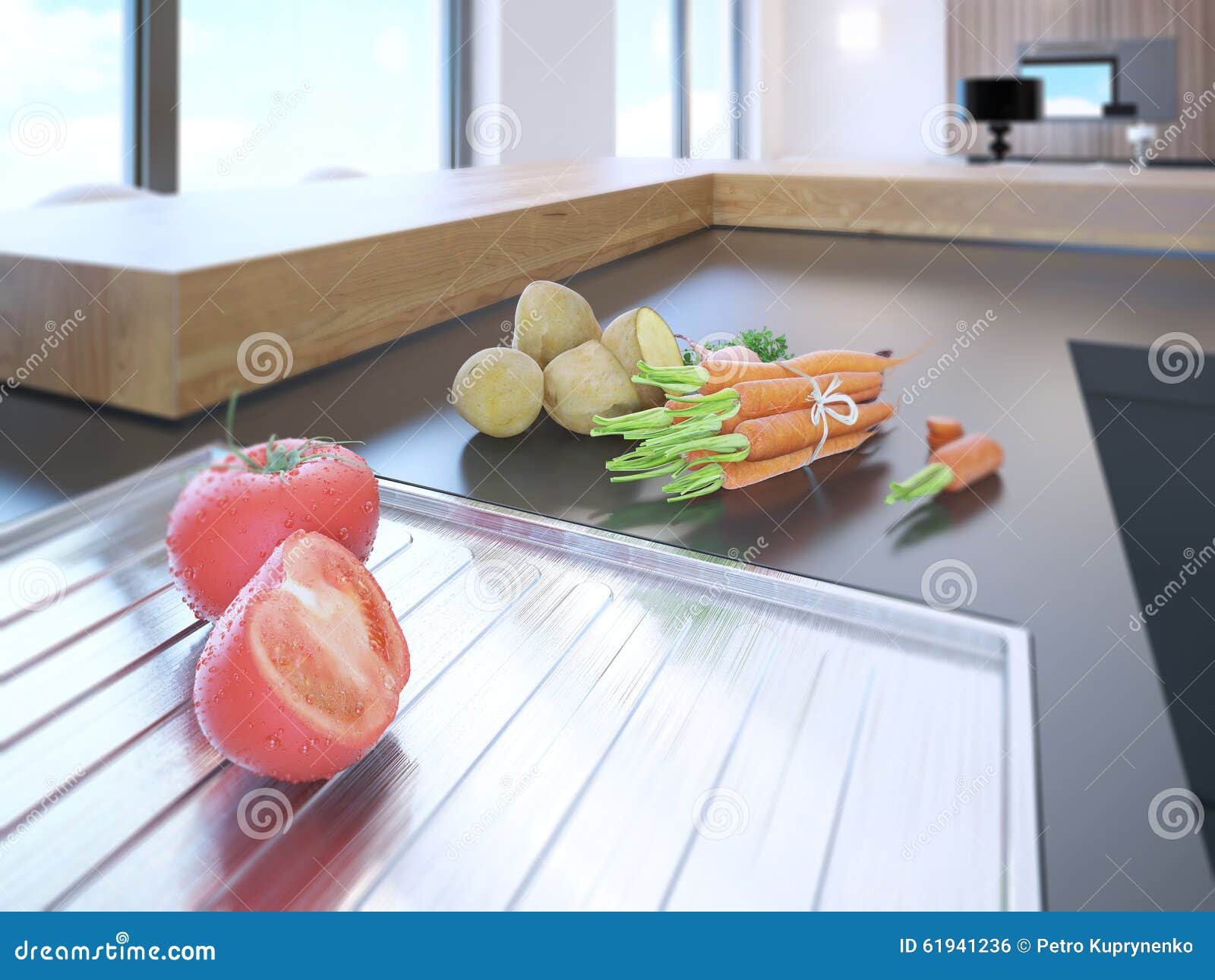 Modern Kitchen Interior with Fresh Vegetables on Stone Counter Top ...