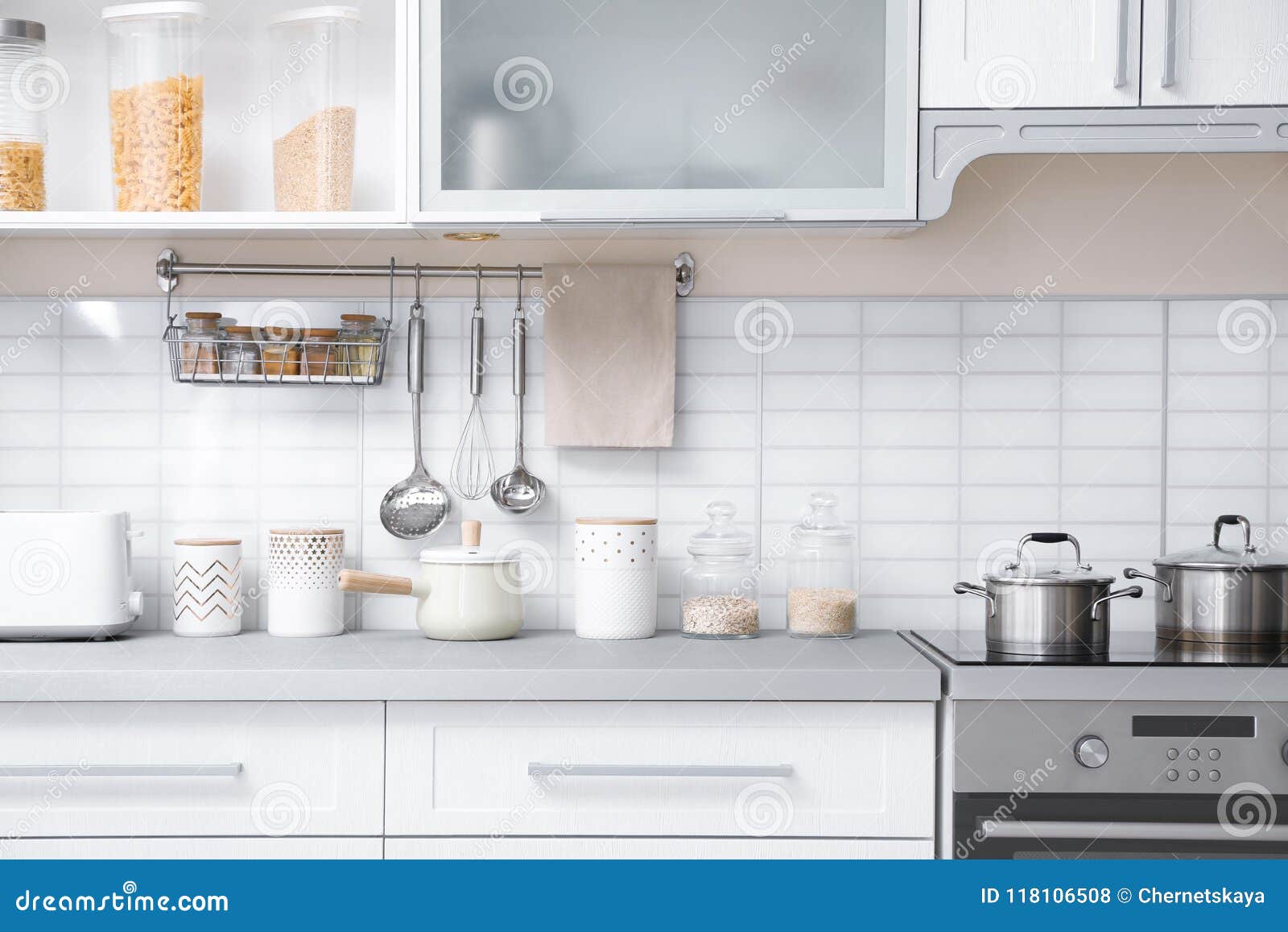 Modern Kitchen Interior with Houseware and Furniture Stock Photo ...
