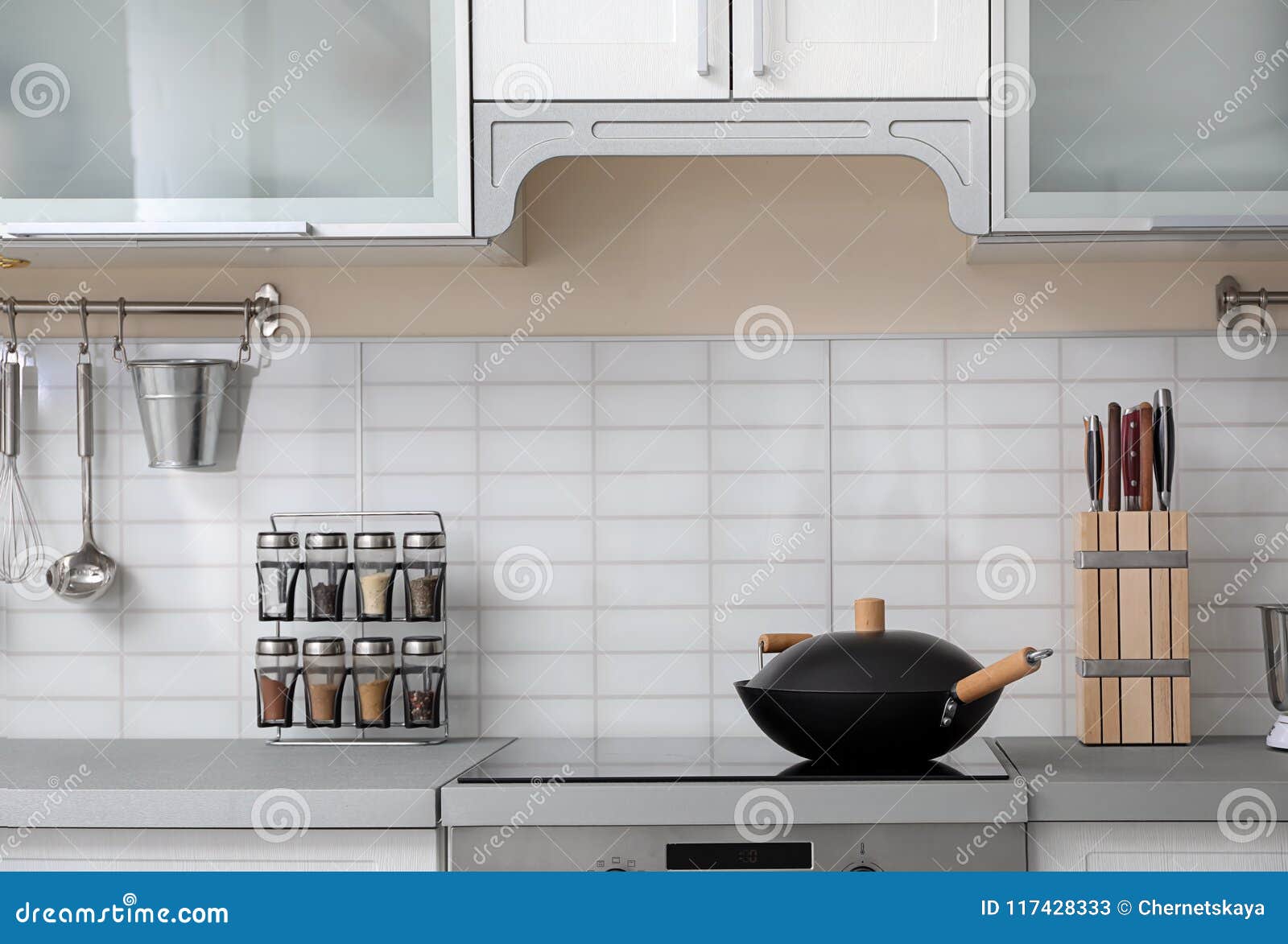 Modern Kitchen Interior with Houseware Stock Image - Image of ...