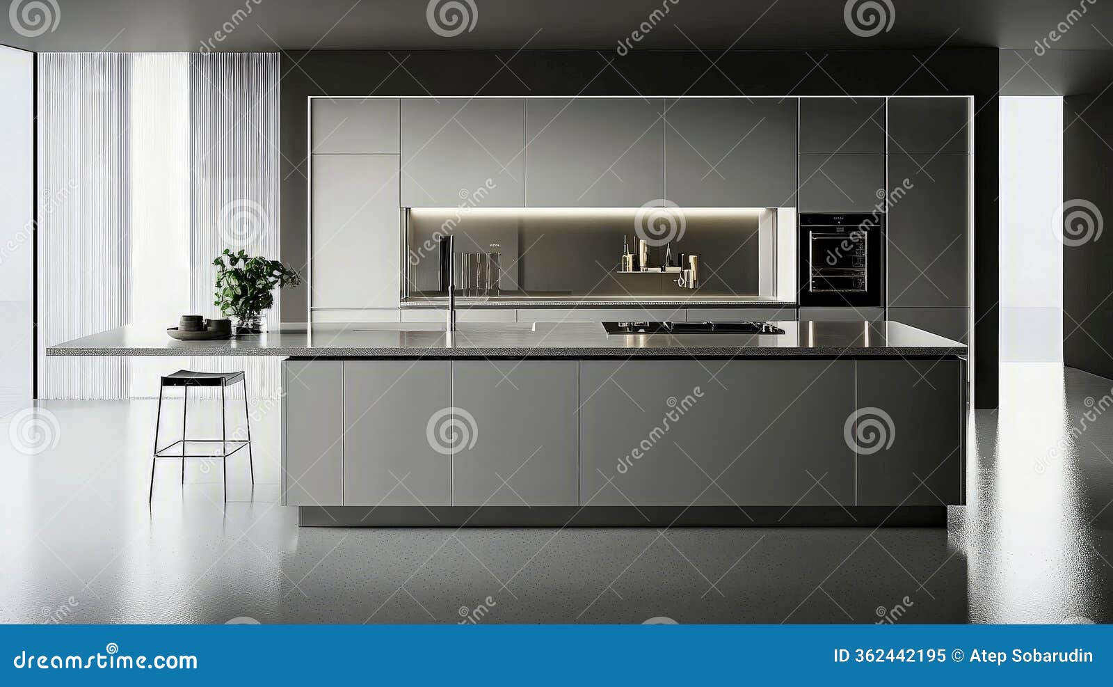 Modern Kitchen Interior with Island Counter and Views Stock Image ...
