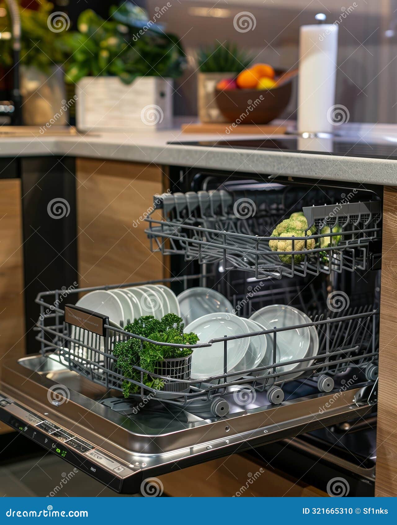 Modern Kitchen Interior with Open Dishwasher Filled with Clean Dishes ...