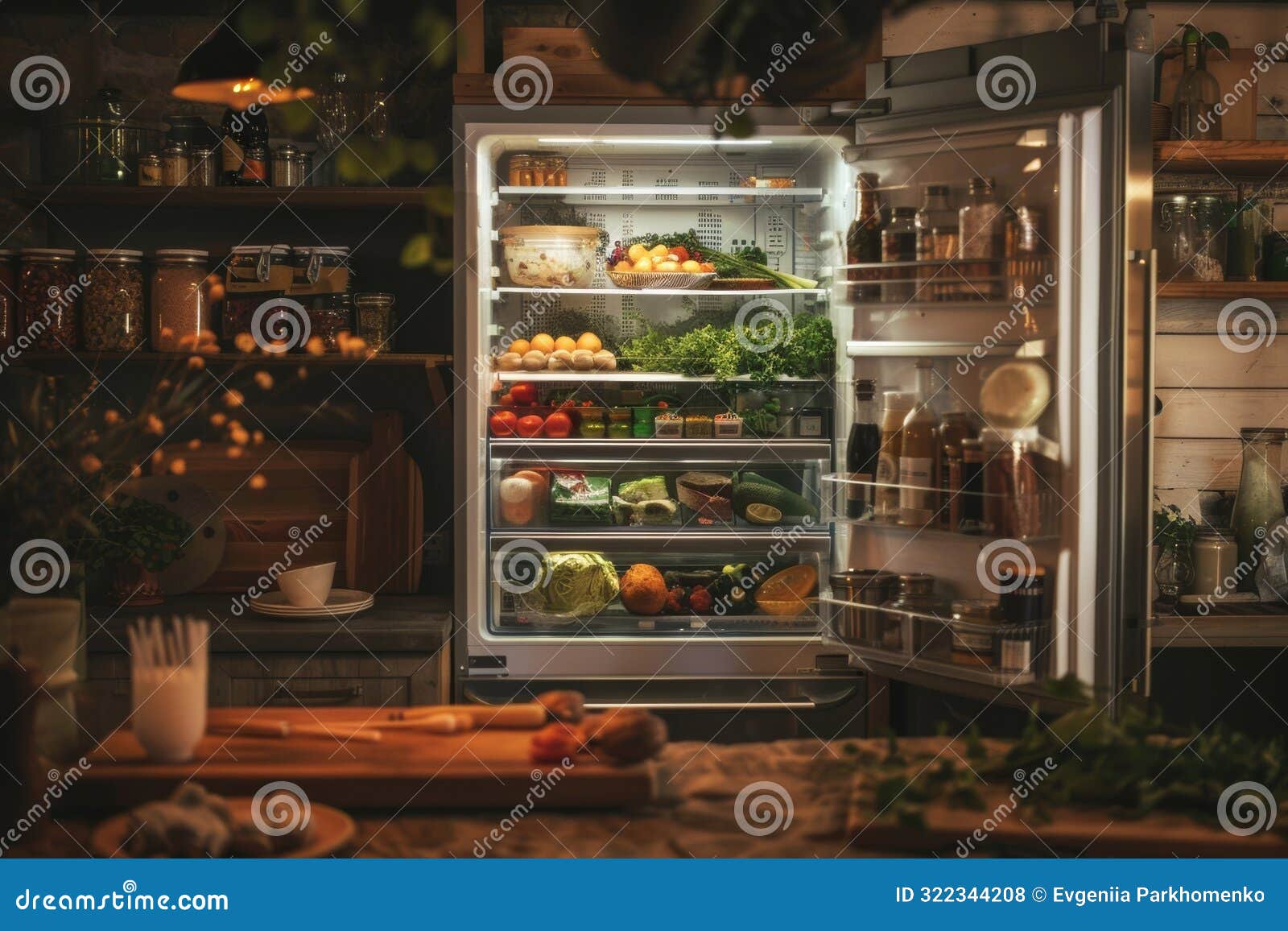 Modern Kitchen Interior with Open Refrigerator Full of Fresh Produce ...