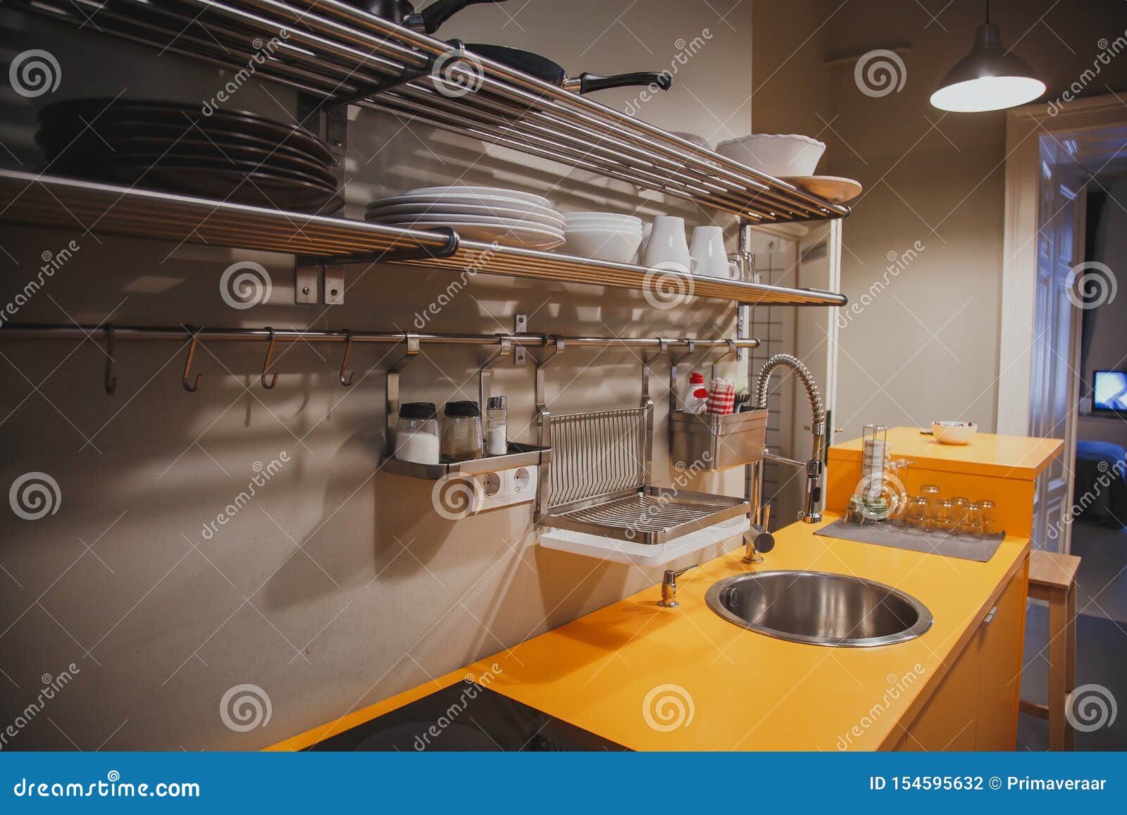 Modern Kitchen Interior, Open Shelving with Dishes Stock Photo - Image ...