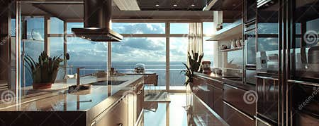 Modern Kitchen Interior with Panoramic Windows,design, Interior ...