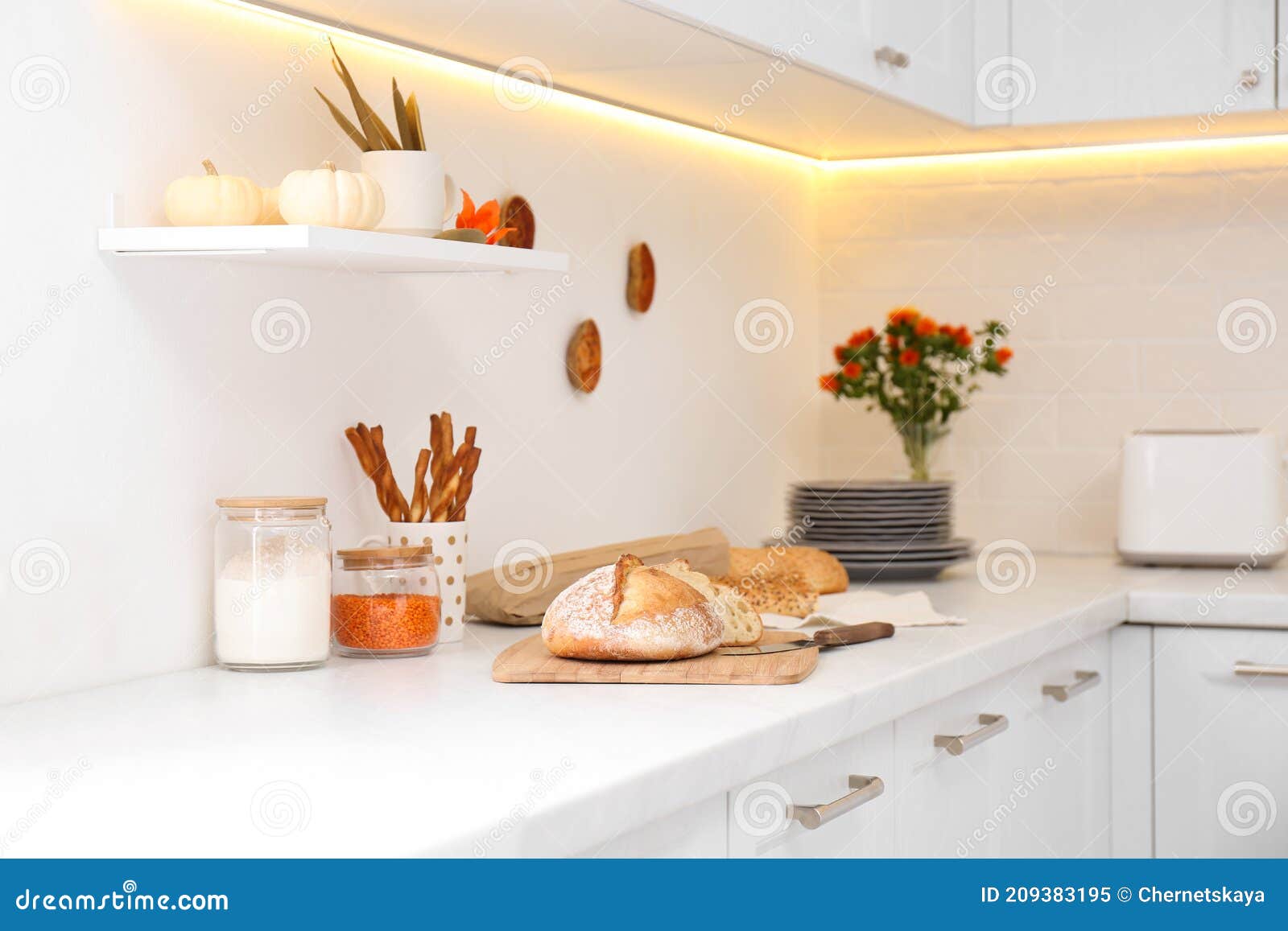 Modern Kitchen Interior with Products on Counter Stock Image - Image of ...