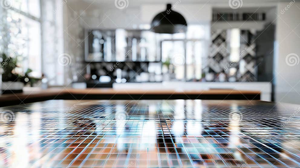 Modern Kitchen Interior with Reflective Checkered Surface and ...