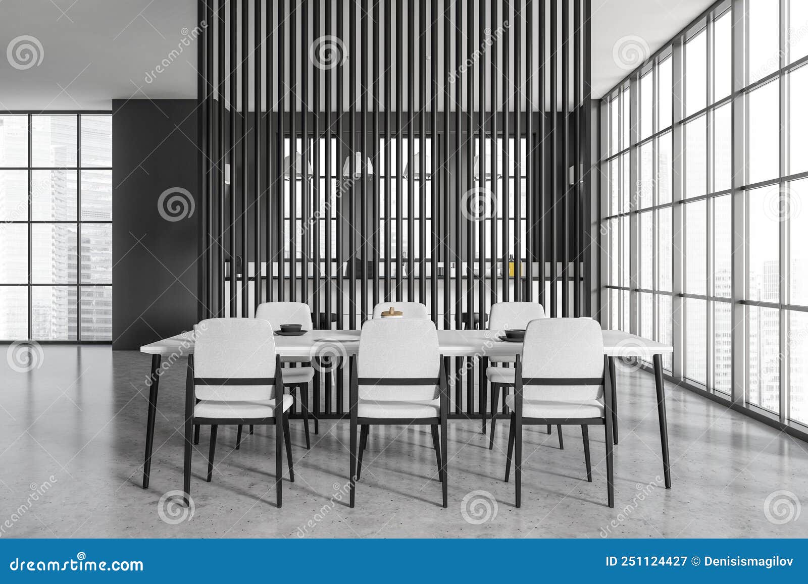Modern Kitchen Interior with Seats and Eating Table, Panoramic Window ...
