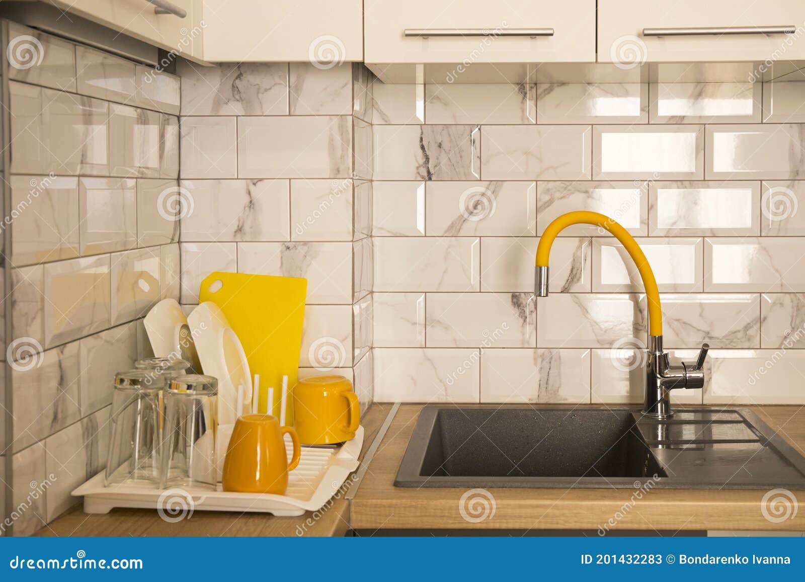 Modern Kitchen Interior with White Tile and Facades and Yellow Faucet ...