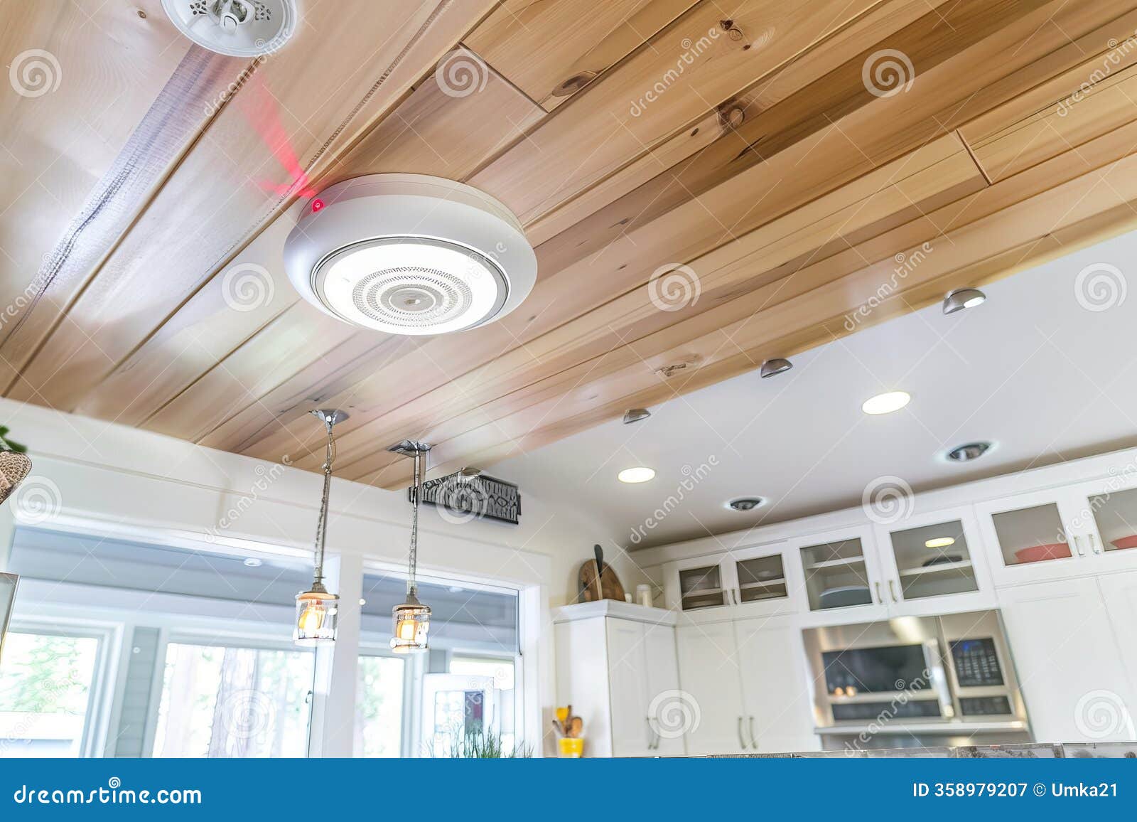 Modern Kitchen Interior with Wooden Ceiling and Smoke Detector ...