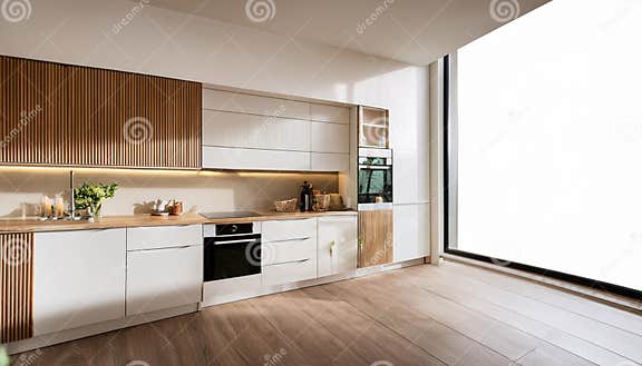 Modern Kitchen Interior with Wooden and White Cabinets. 3D Rendering ...