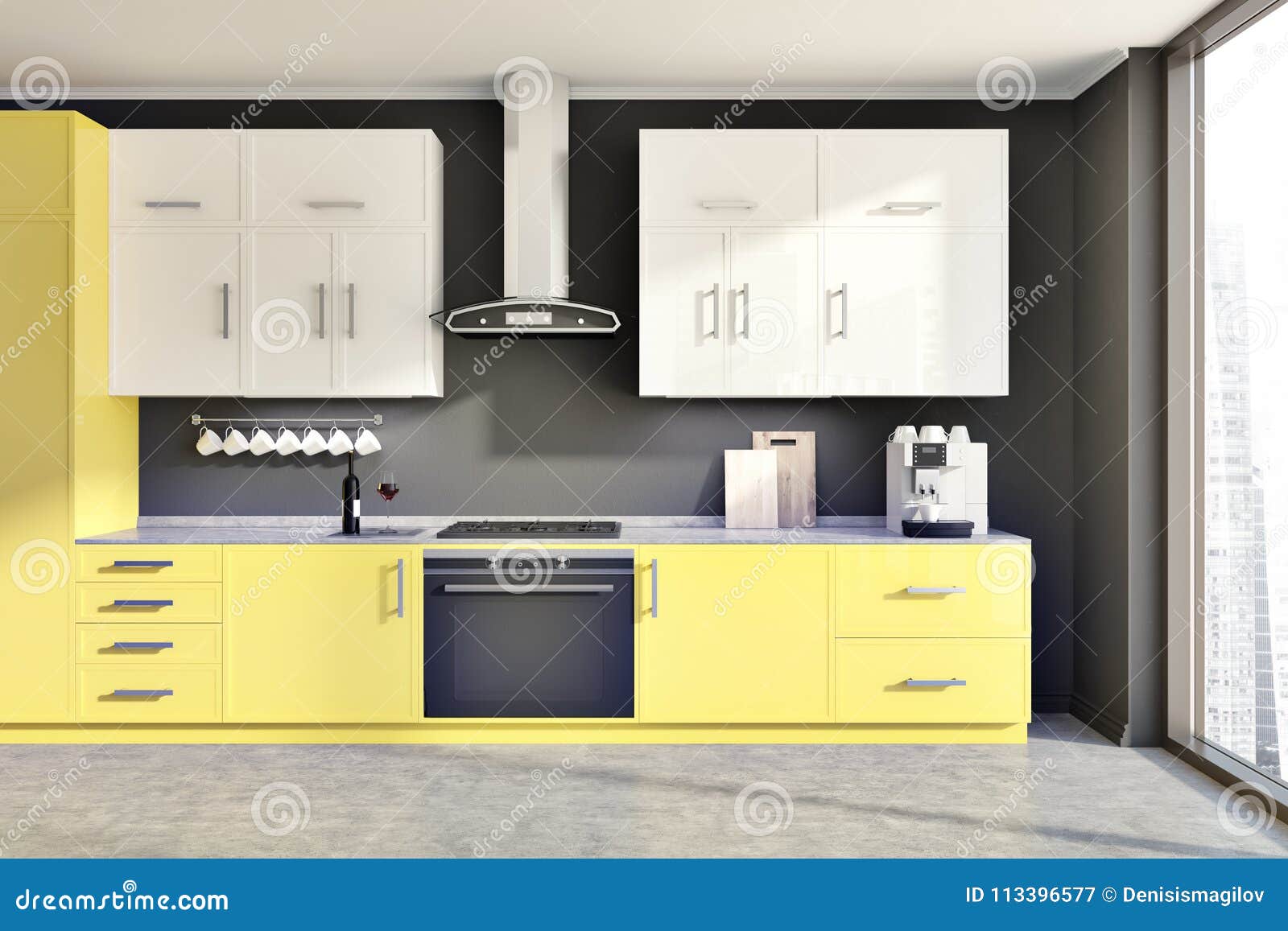 Gray Kitchen, Yellow Counters Stock Illustration - Illustration of ...