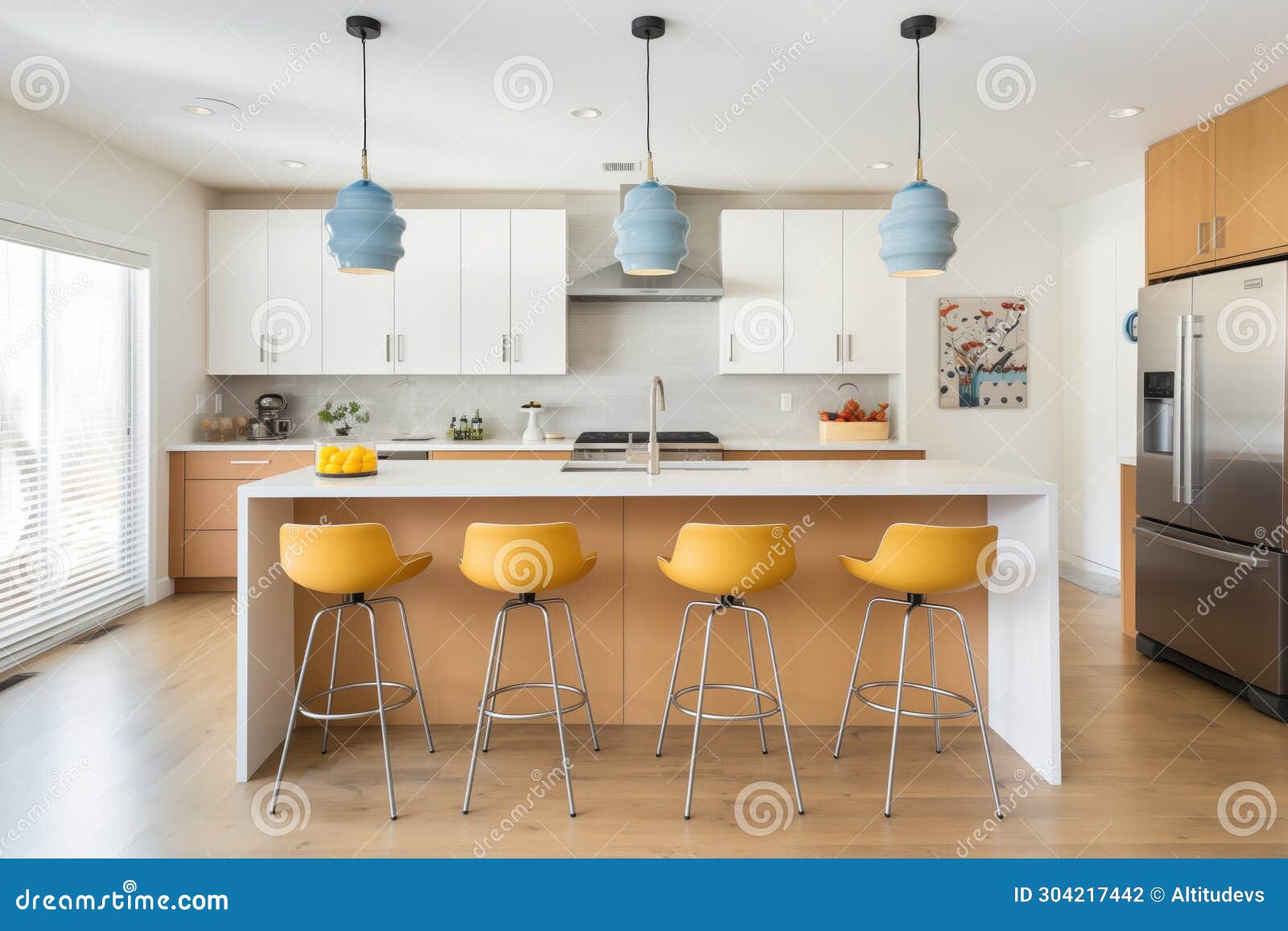 Modern Kitchen with Island and Bar Stools Stock Photo - Image of ...