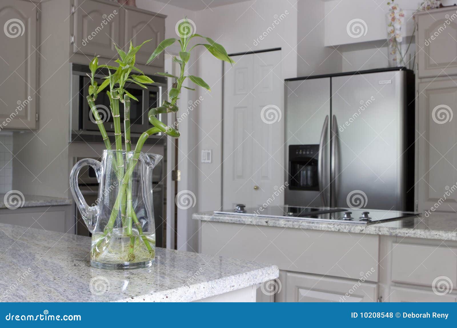 Modern Kitchen with Jug of Bamboo on Counter Stock Photo - Image of ...