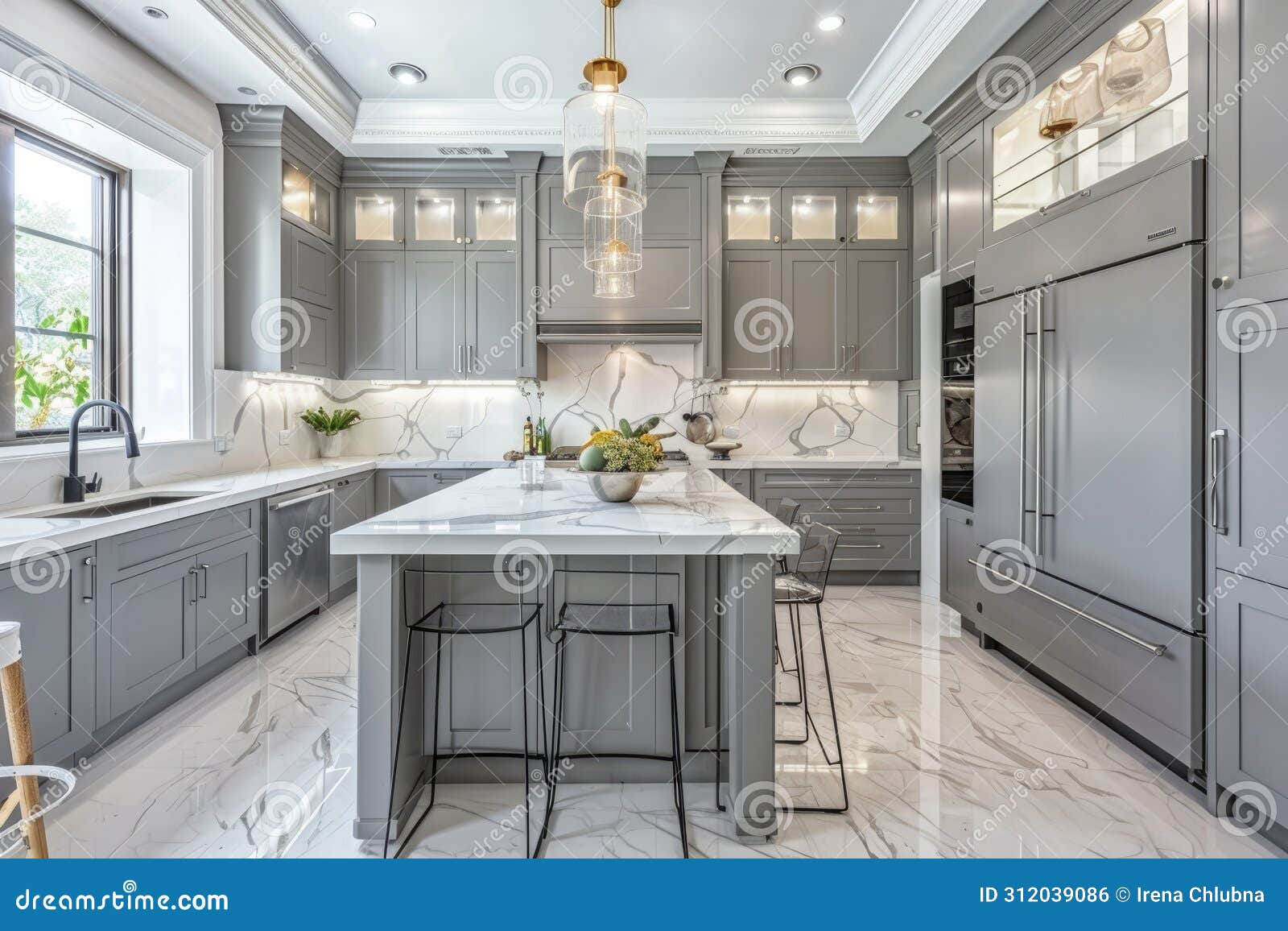 Modern Kitchen in an L Shape with Gray Cabinets Stock Illustration ...