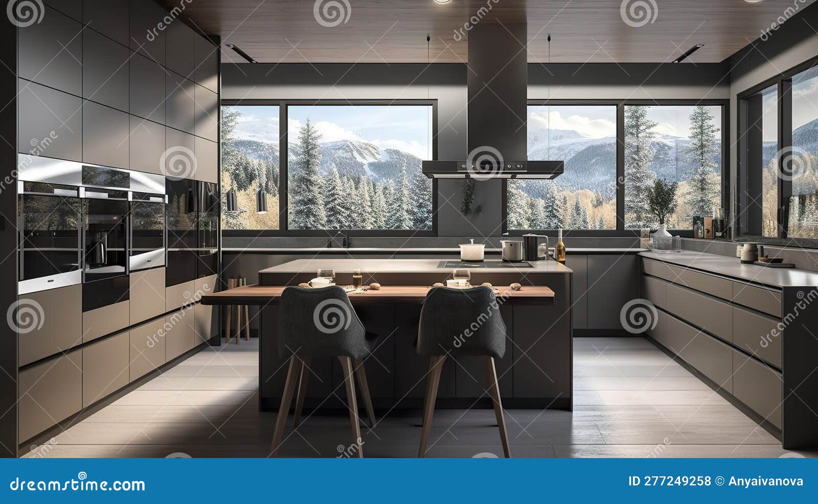 A Modern Kitchen with a Large Window and a View of the Mountains ...