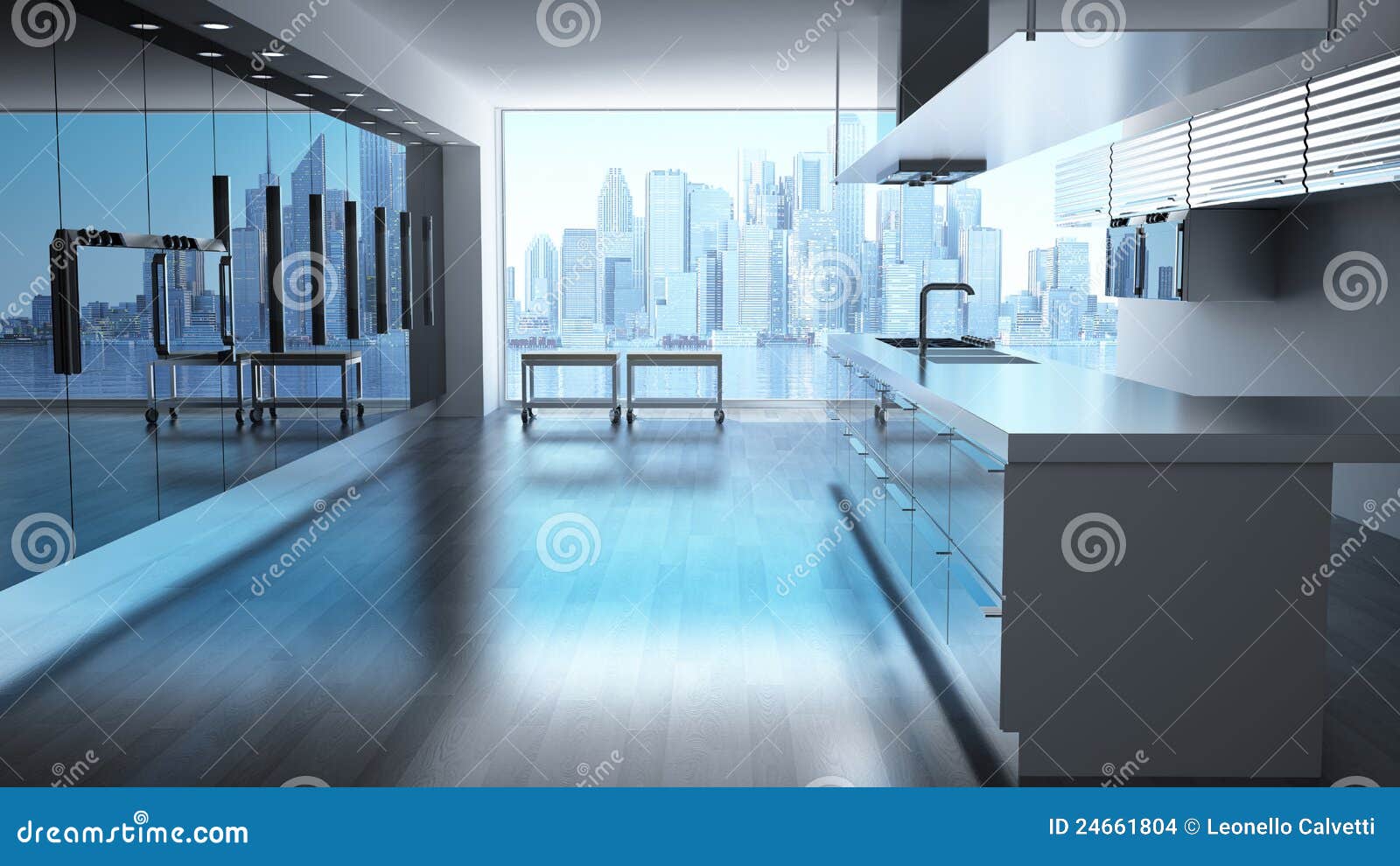 Modern Kitchen with Large Windows. Stock Illustration - Illustration of ...
