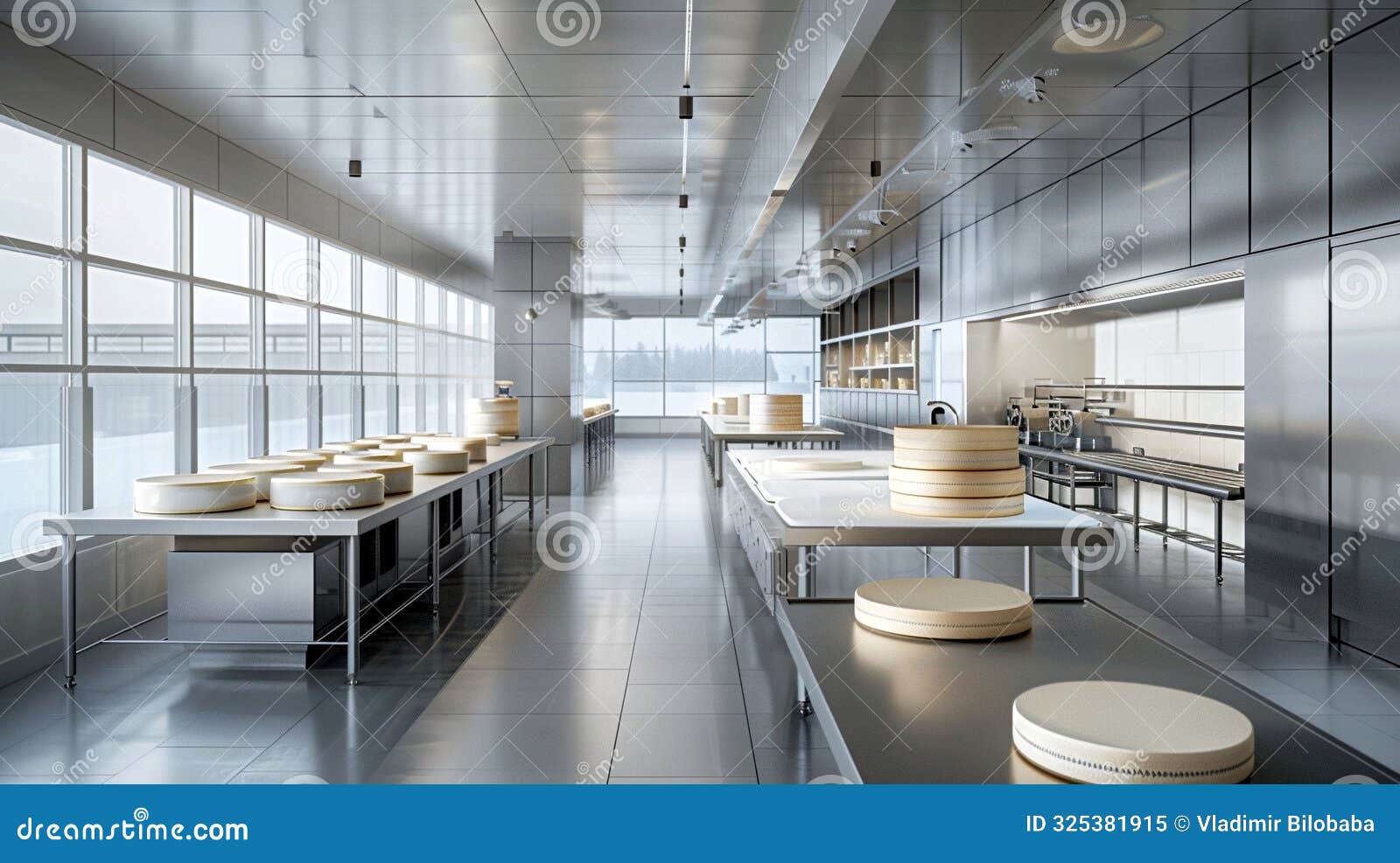 Modern Kitchen With Large Windows And Stainless Steel Counters Stock ...