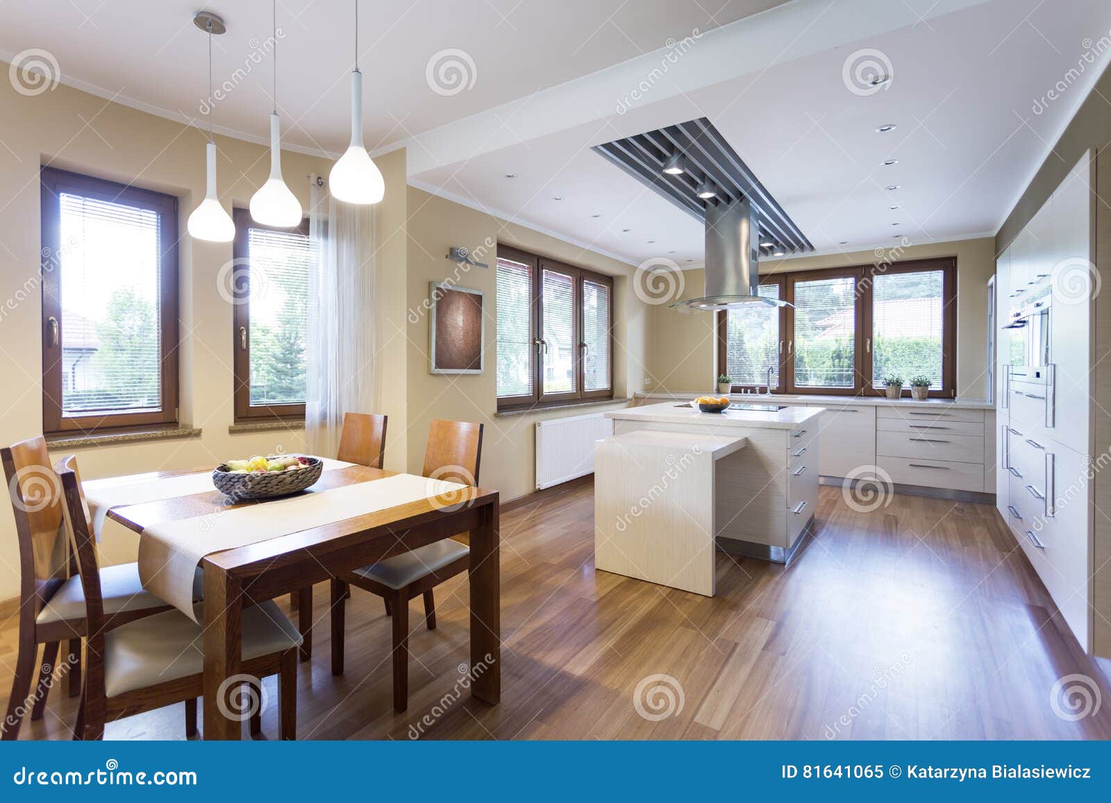 Modern Kitchen with Many Windows Stock Image - Image of interior ...
