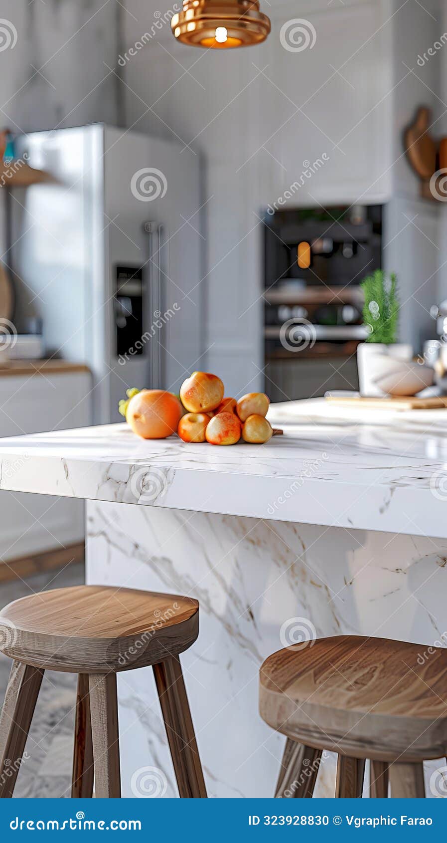 Modern Kitchen with Marble Countertop and Wooden Stools, Contemporary ...